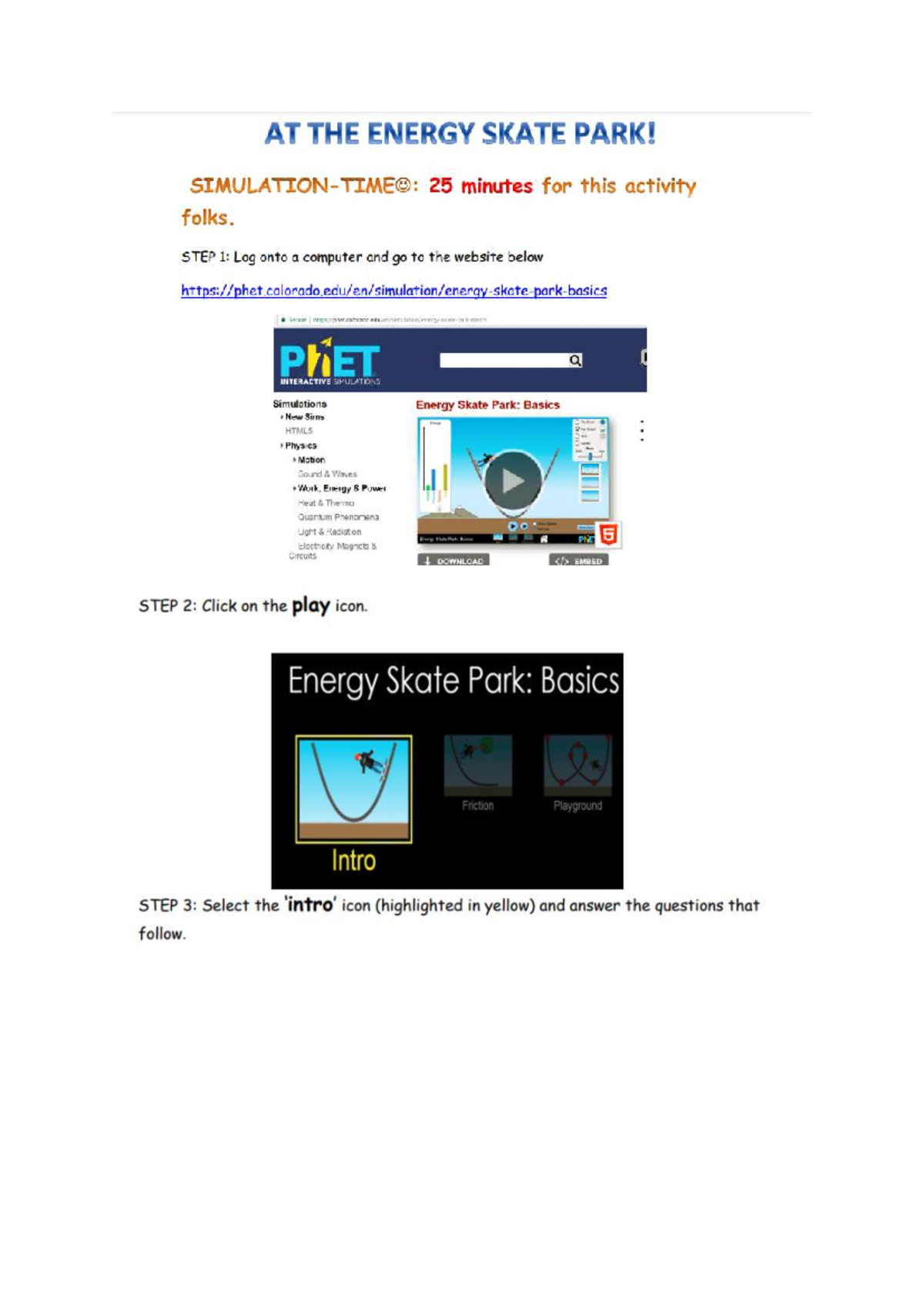 Energy student worksheet with PHET - AT THE ENERGY SKATE PARK! : 25 ...