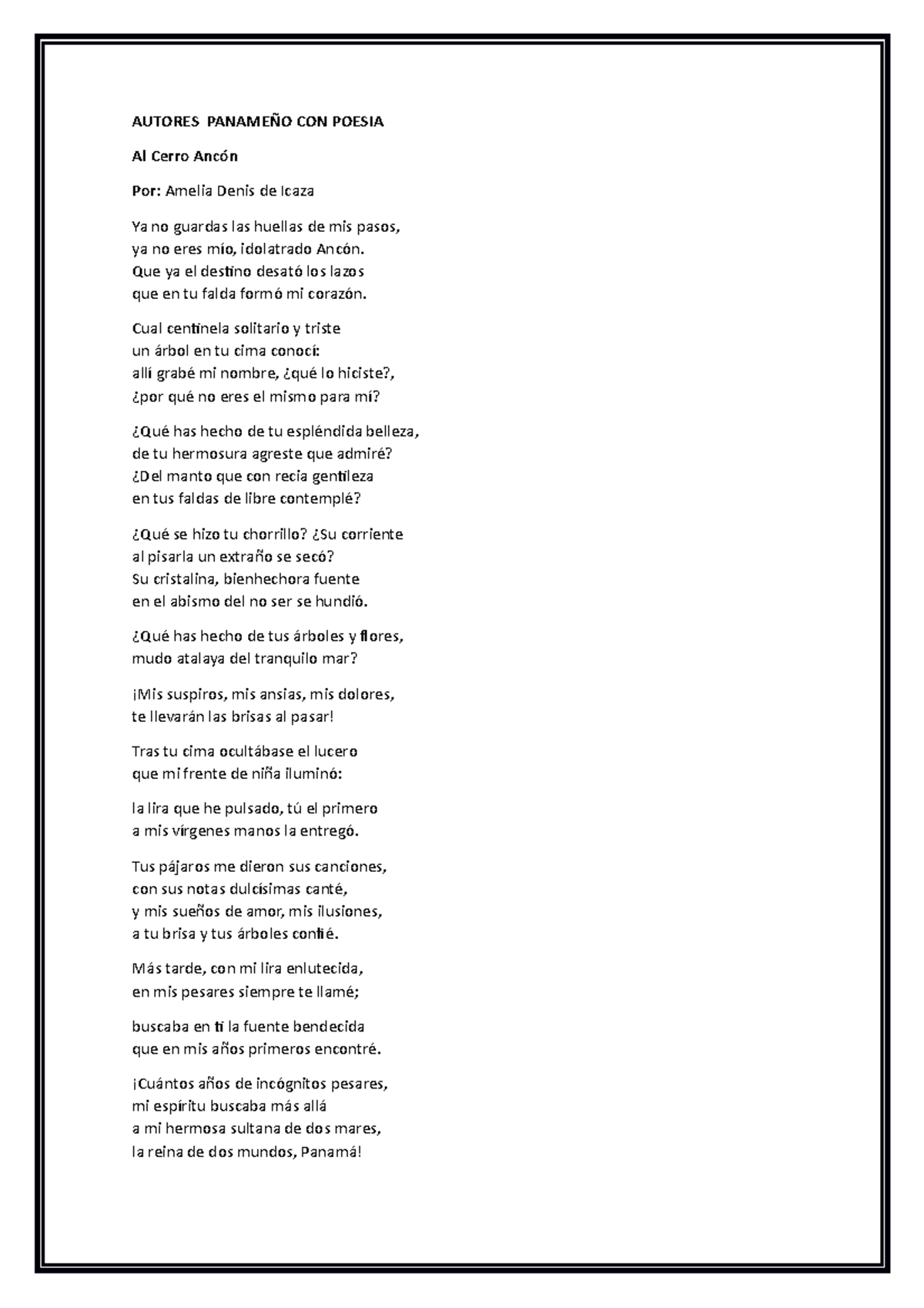 Poesía de Autores Panameños: Al Cerro Ancón y Más (30-45) - Studocu