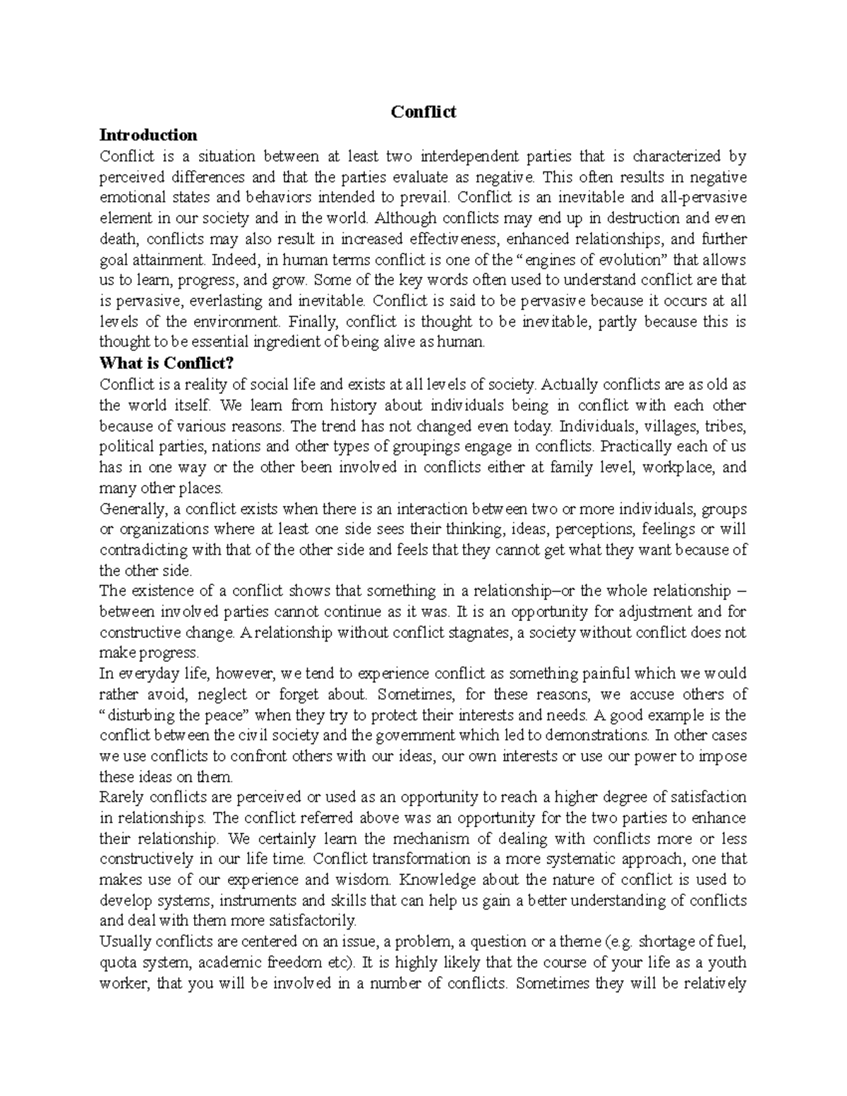 Conflict Resolution - Lecture notes 1 - Conflict Introduction Conflict ...