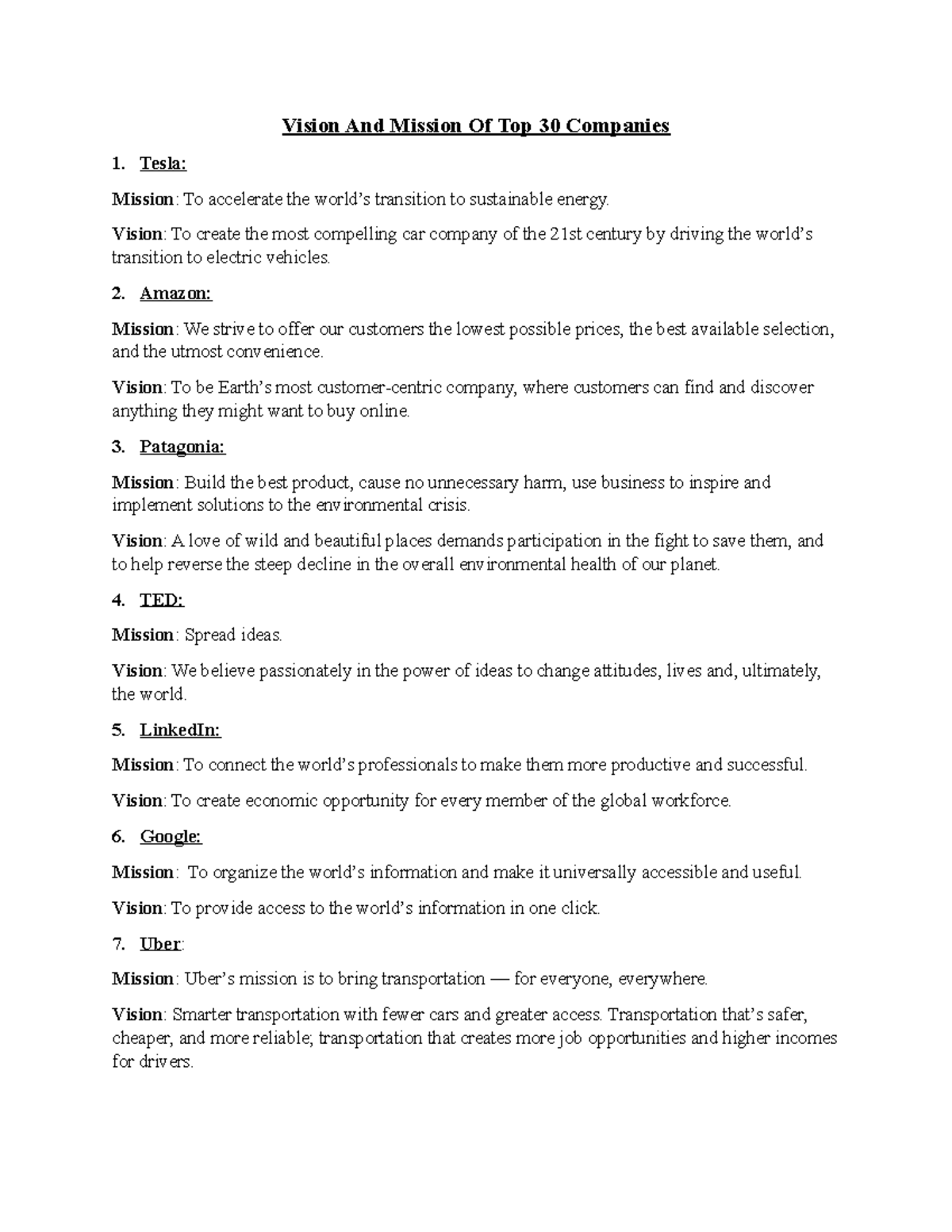 Vision and Mission Statements of Top 30 Companies Analysis - Studocu