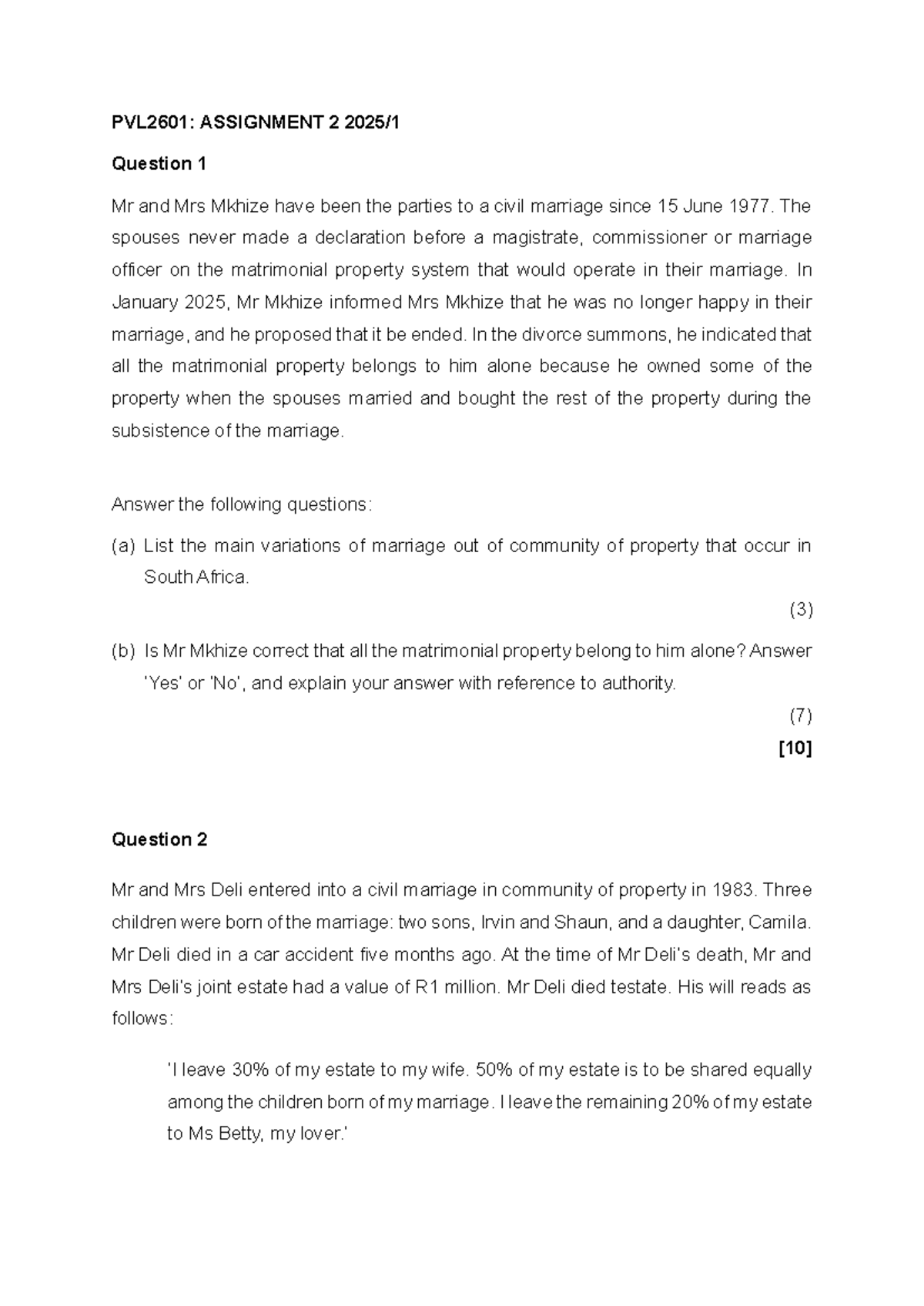 PVL2601: Assignment 2 - Matrimonial Property Systems in SA - Studocu