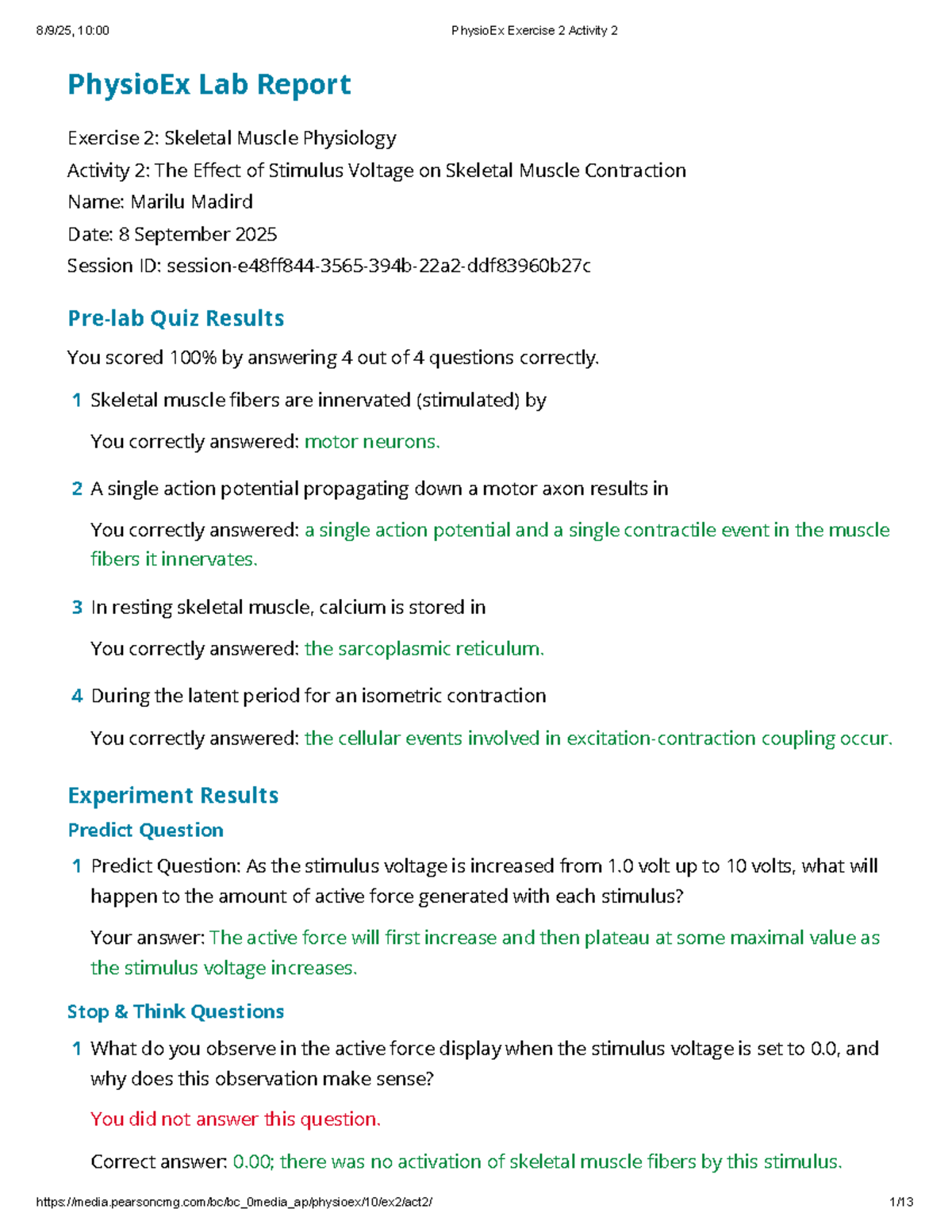 PhysioEx 10:00 Lab Report: Skeletal Muscle Physiology Activity 2 - Studocu