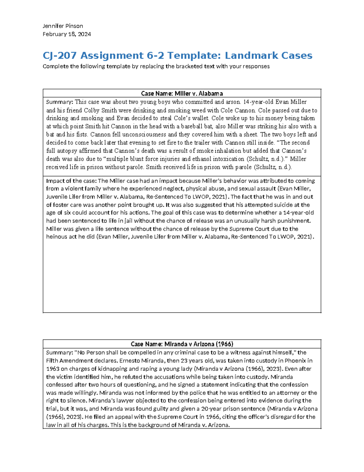 CJ-207 Assignment 6-2: Analysis of Landmark Cases Miller v. Alabama ...