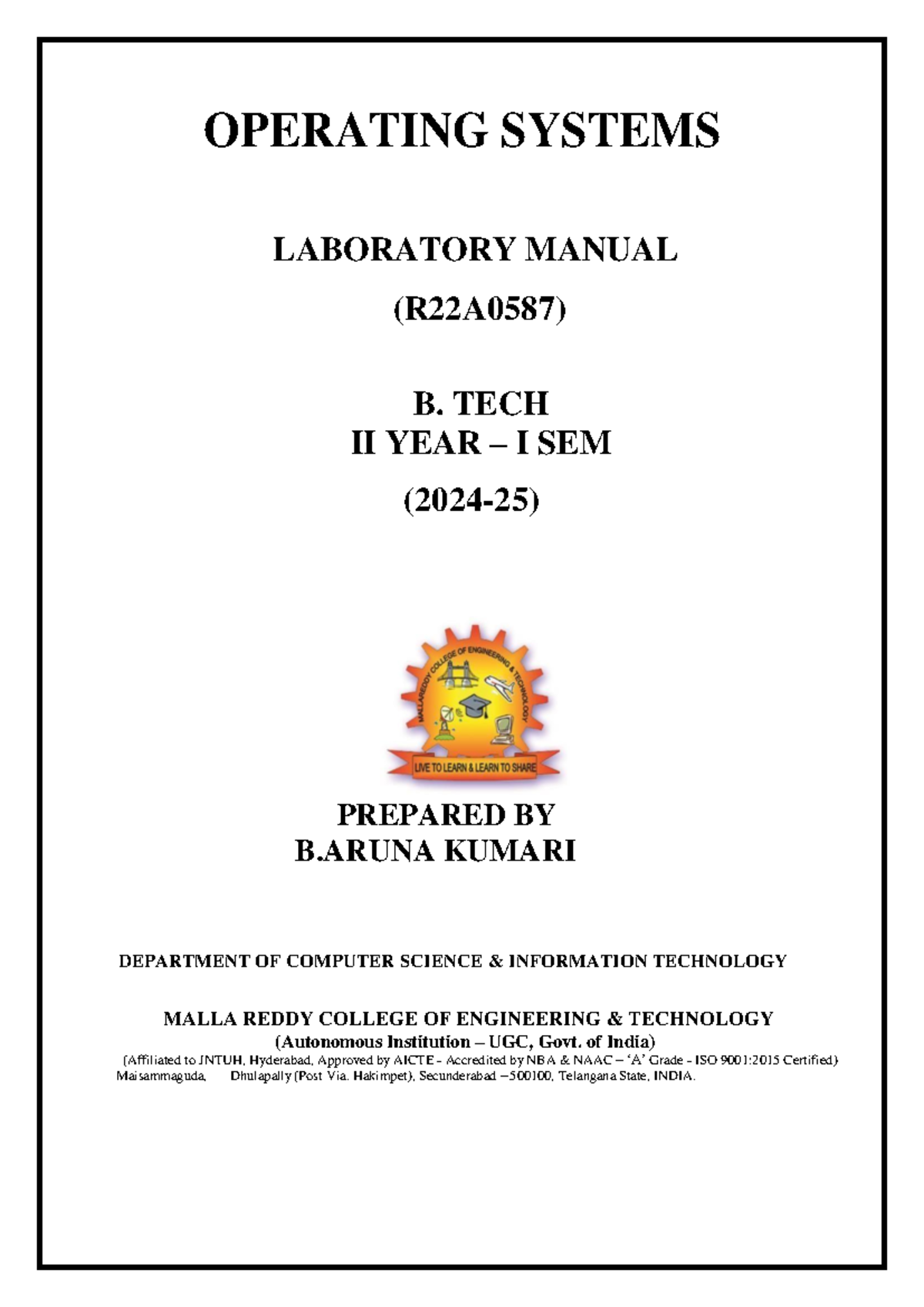 CSIT (R22) 2-1 Operating Systems Lab Manual (2024-25) - Studocu