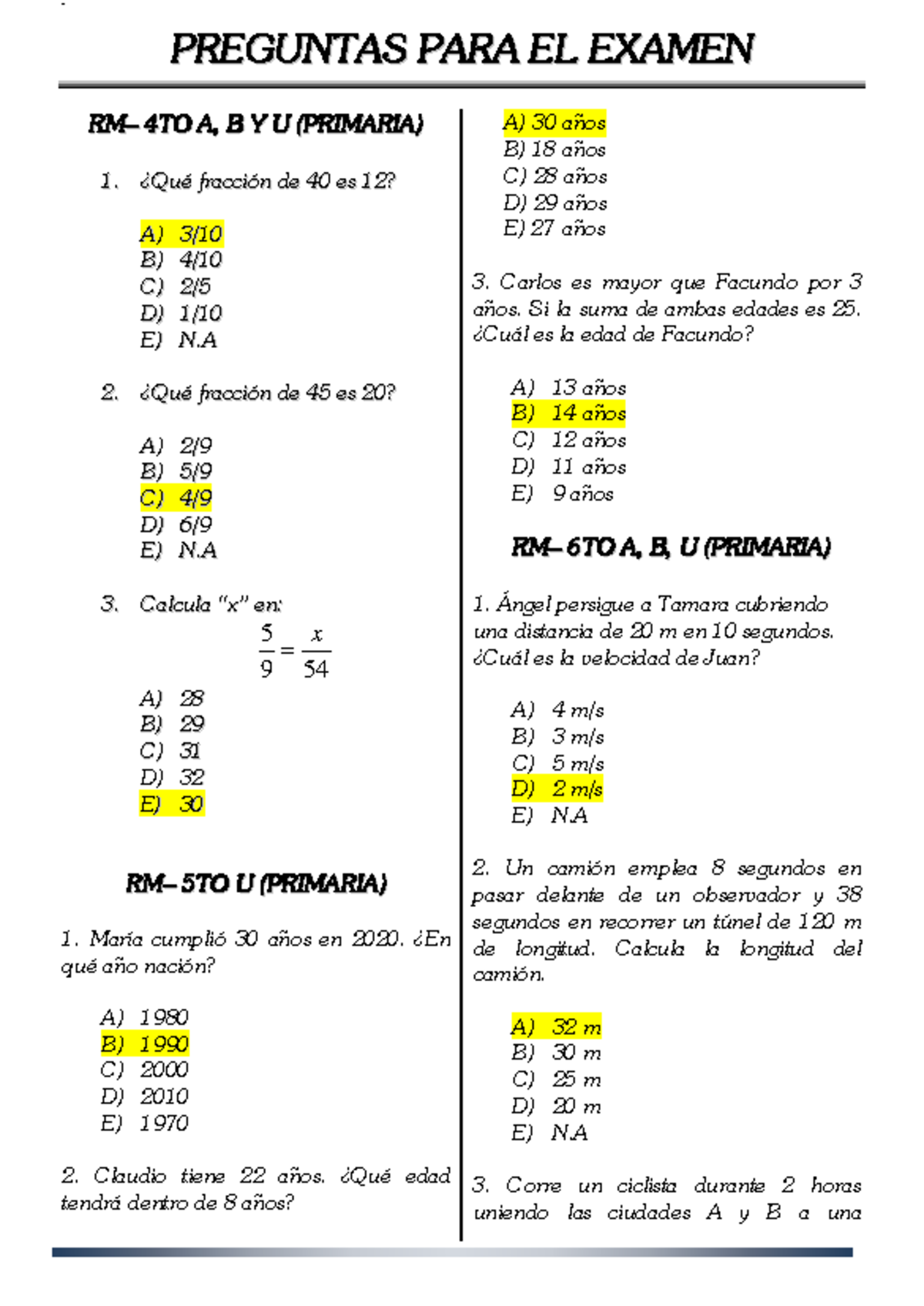 PREGUNTAS PARA EL EXAMEN DE MATEMÁTICA 4TO Y 6TO PRIMARIA - Studocu