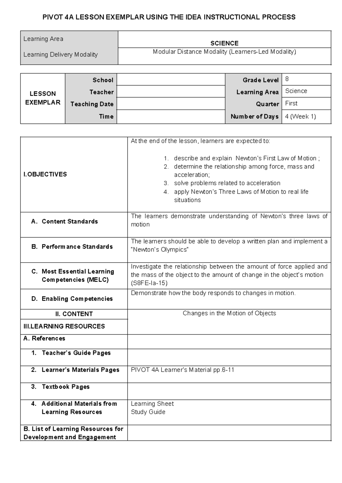 Science 8 Q1 Lesson Exemplar on Newton's Laws of Motion - Studocu