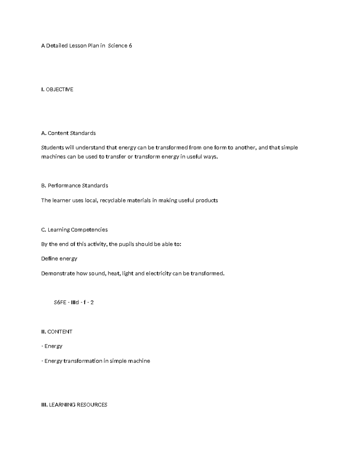 Science 6 Lesson Plan: Energy Transformation & Conservation Activities ...