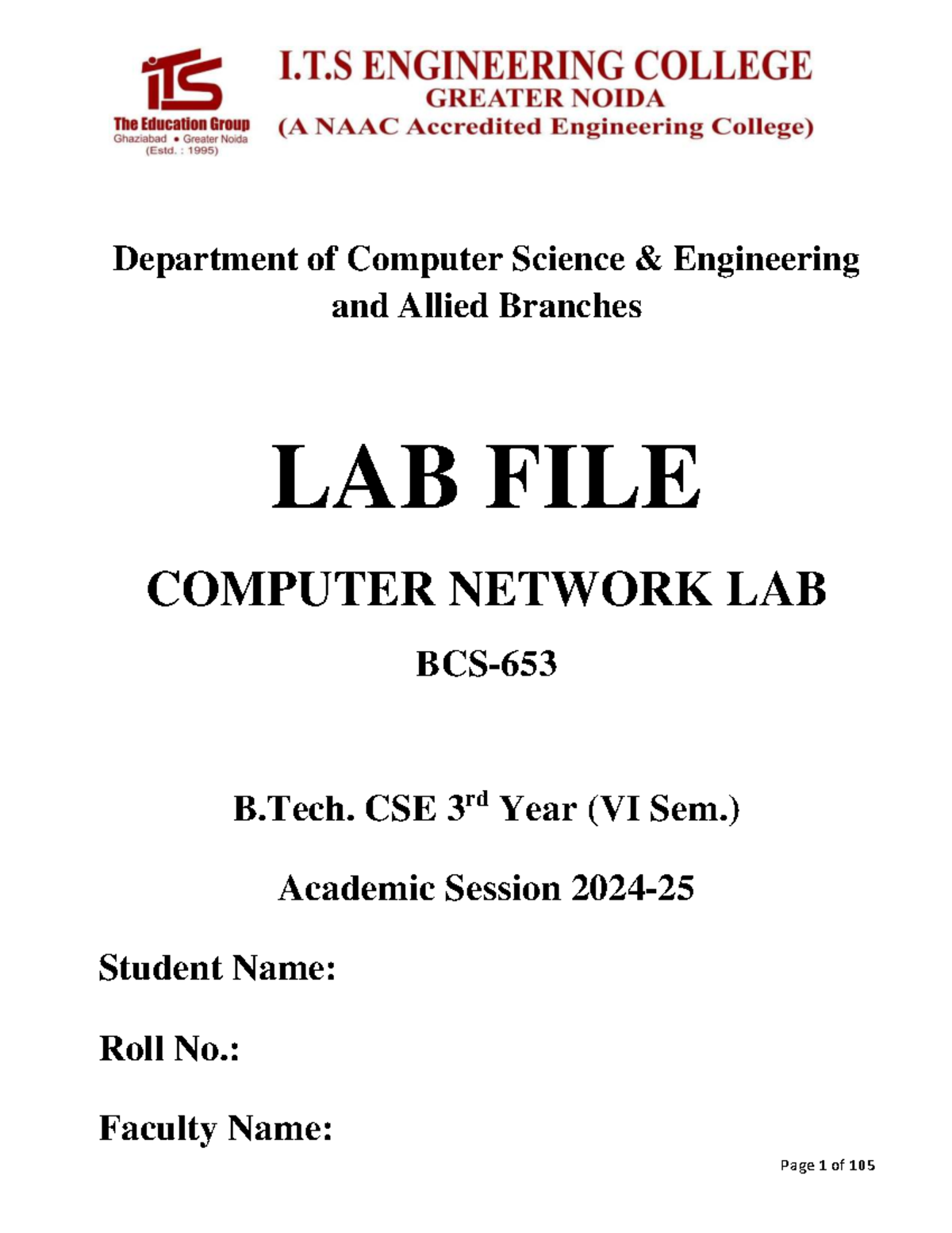BCS653 Computer Networks Lab File - B.Tech CSE 3rd Year (VI Sem) - Studocu