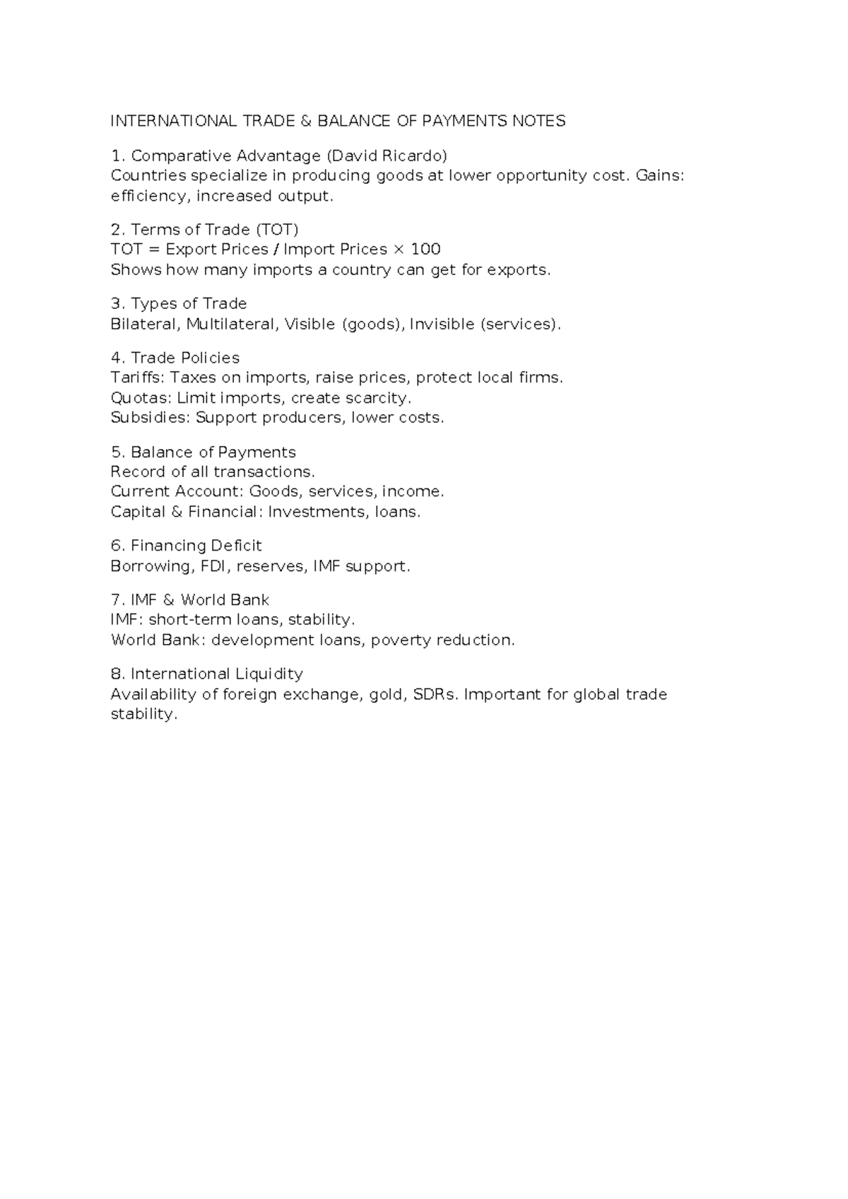 INTL TRADE BALANCE OF PAYMENTS NOTES: Key Concepts & Policies - Studocu