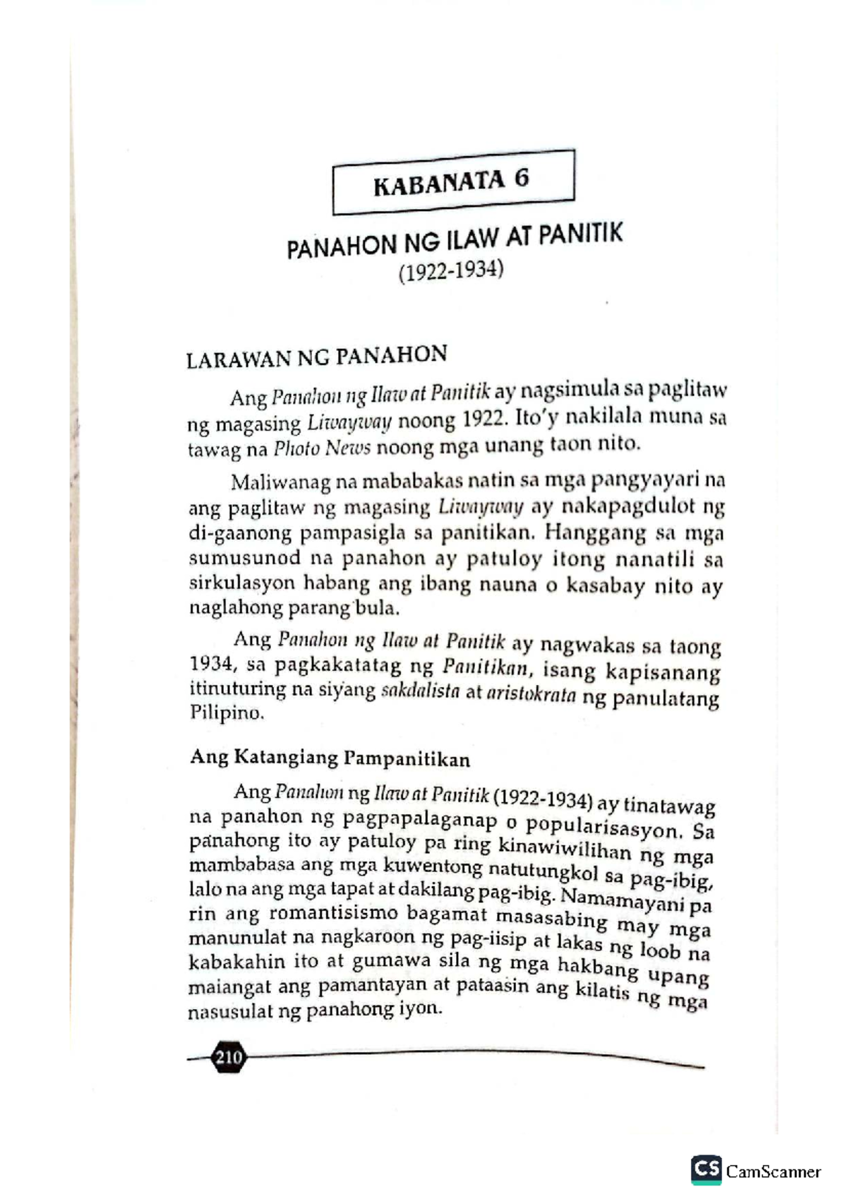Kabanata 6: Panahon ng Ilaw at Panitik sa Filipino 210 CS - Studocu