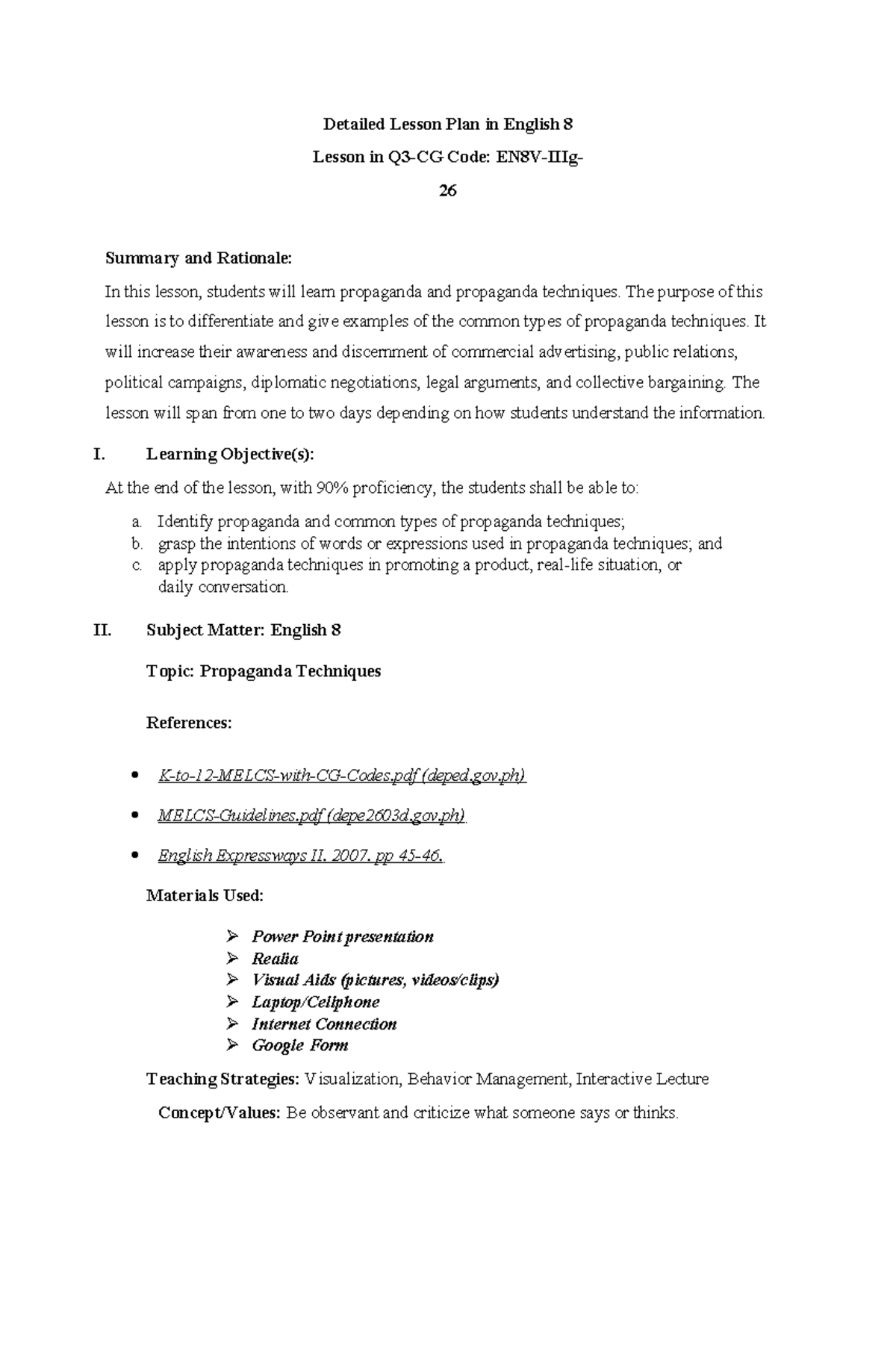 Detailed Lesson Plan: Propaganda Techniques in English 8 - Studocu