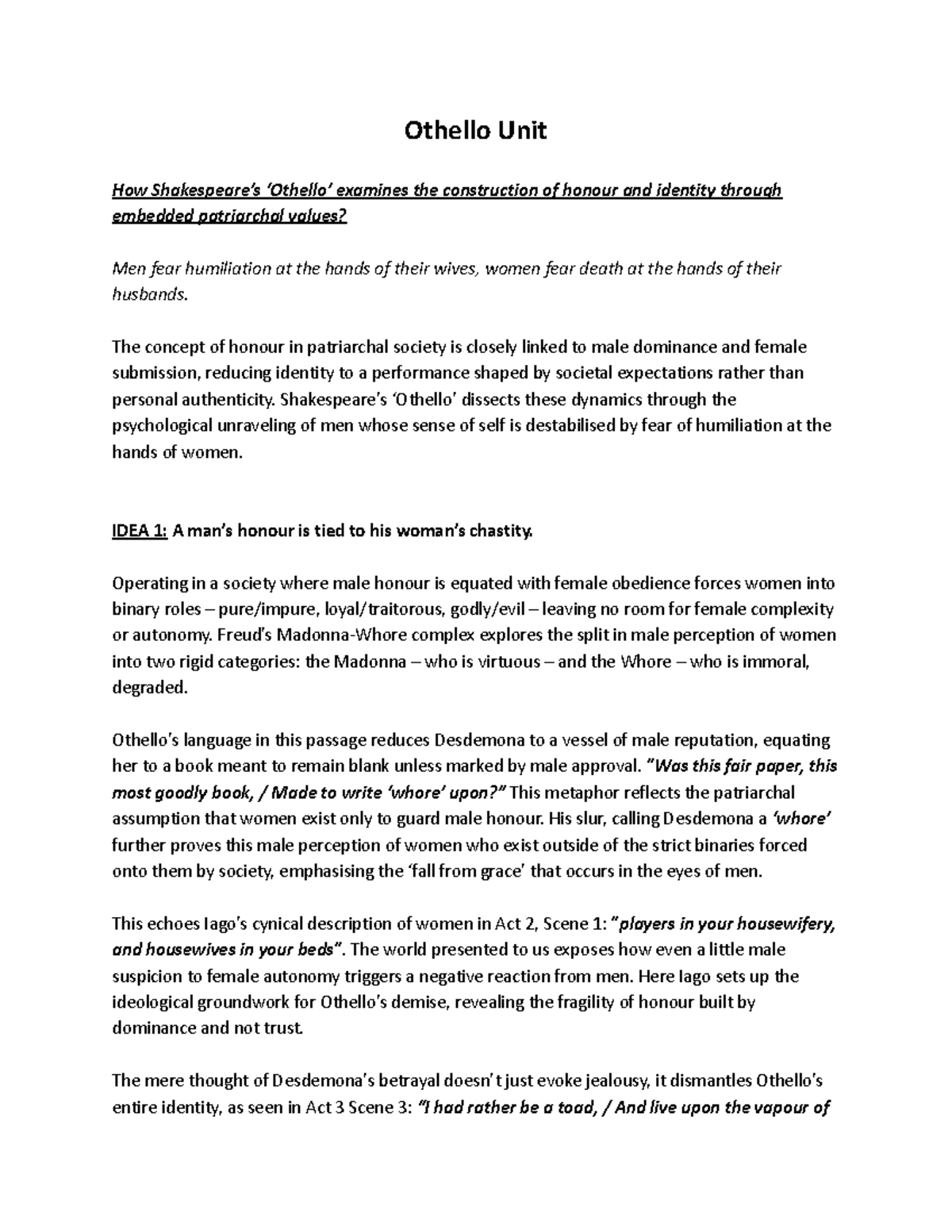 Othello Unit: Examining Honour and Identity in Patriarchal Society ...