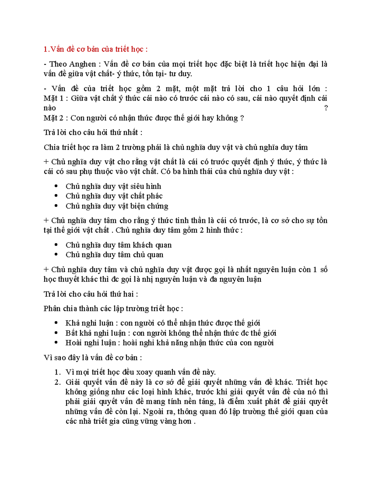 Triết học - đề cương ôn tập - 1ấn đề cơ bản của triết học : Theo Anghen ...