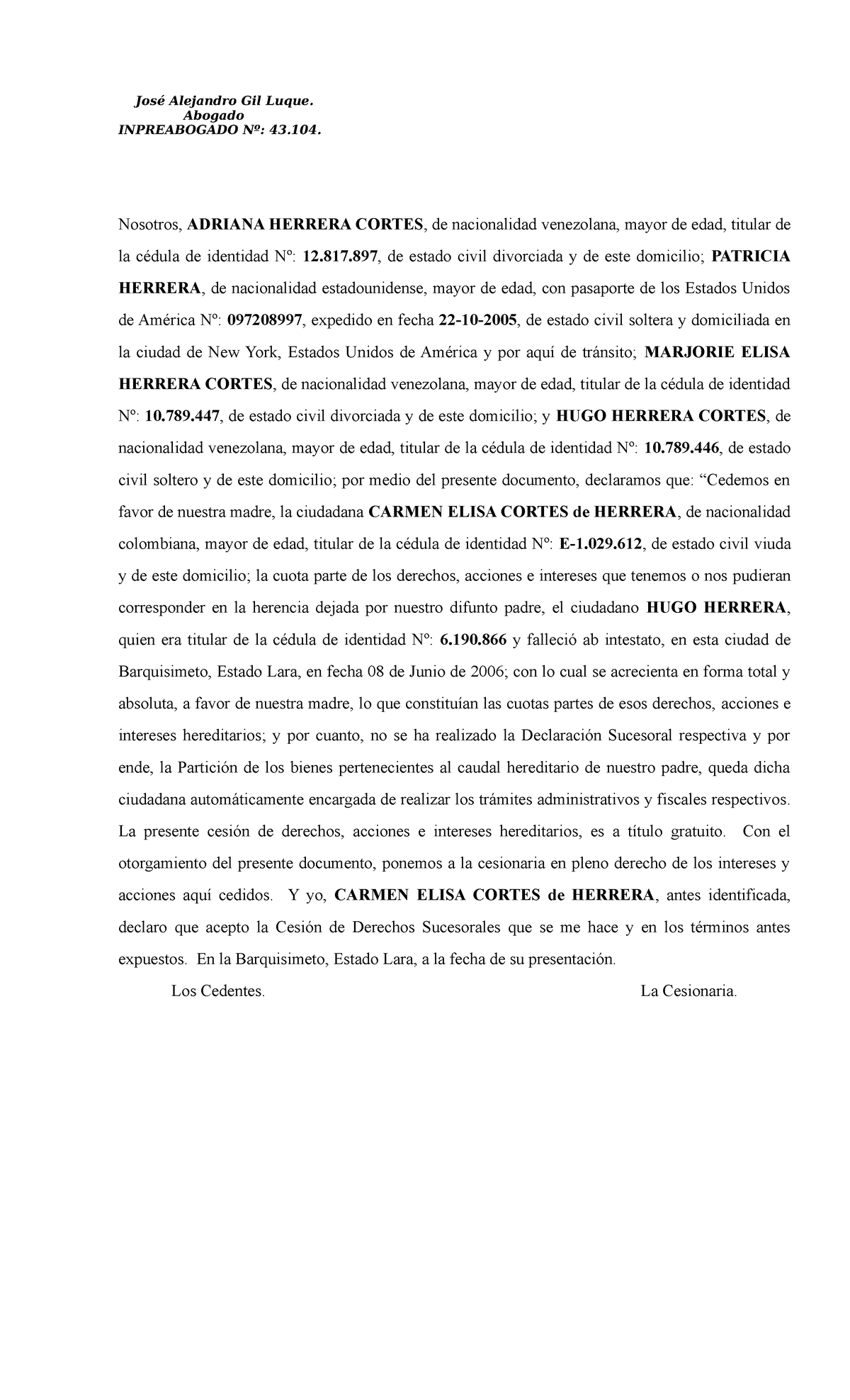 Cesión de Derechos Hereditarios - Modelo Legal en Venezuela - Studocu