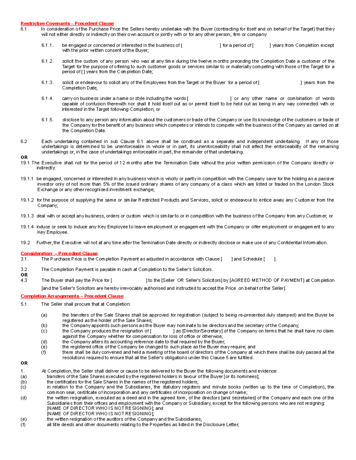 Precedent Clauses - Restrictive Covenant, Consideration, Completion ...