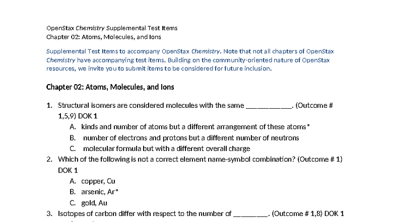 OS Chemistry Supplemental Test Items: Ch02 Atoms, Molecules, & Ions ...