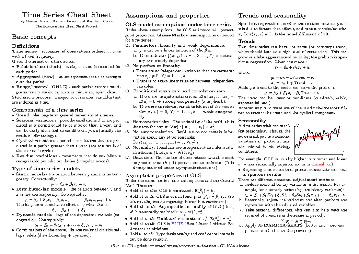 Time Series Analysis Cheat Sheet: OLS Assumptions & Properties - Studocu