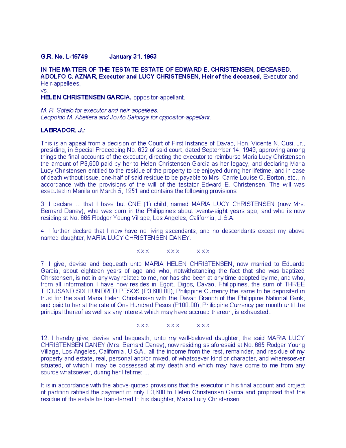 G.R. No. L-16749: Appeal on the Testate Estate of Edward E. Christensen ...