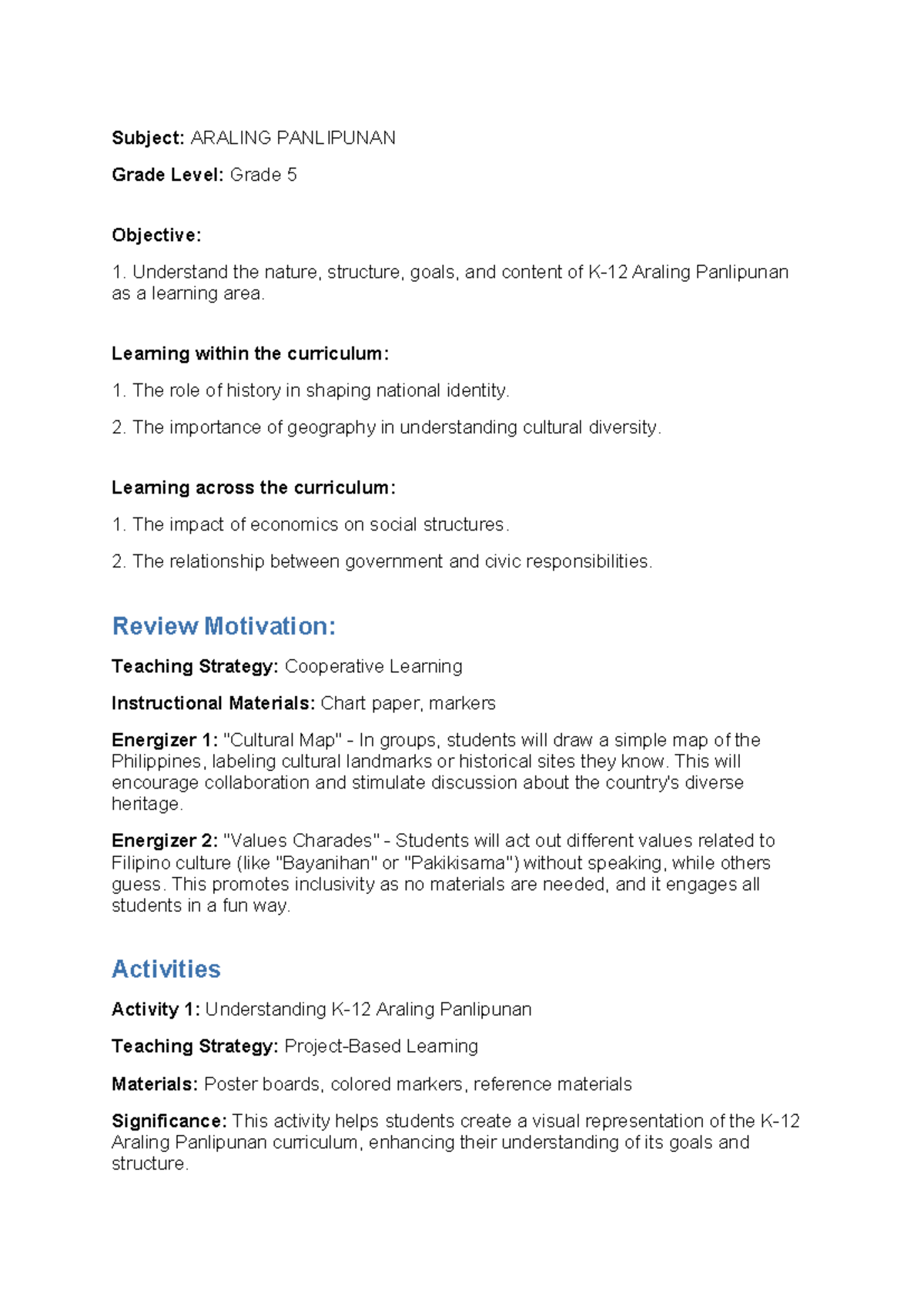 Lesson plan - BEED - Subject: ARALING PANLIPUNAN Grade Level: Grade 5 ...