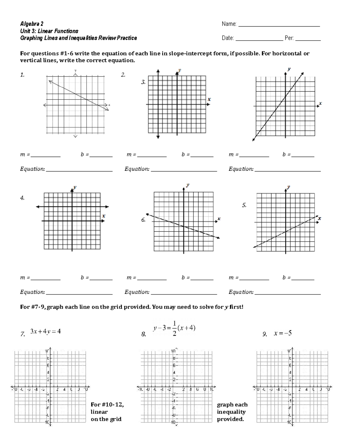 2 Graphing Lines and Inequalities Practice - Algebra 2 Name
