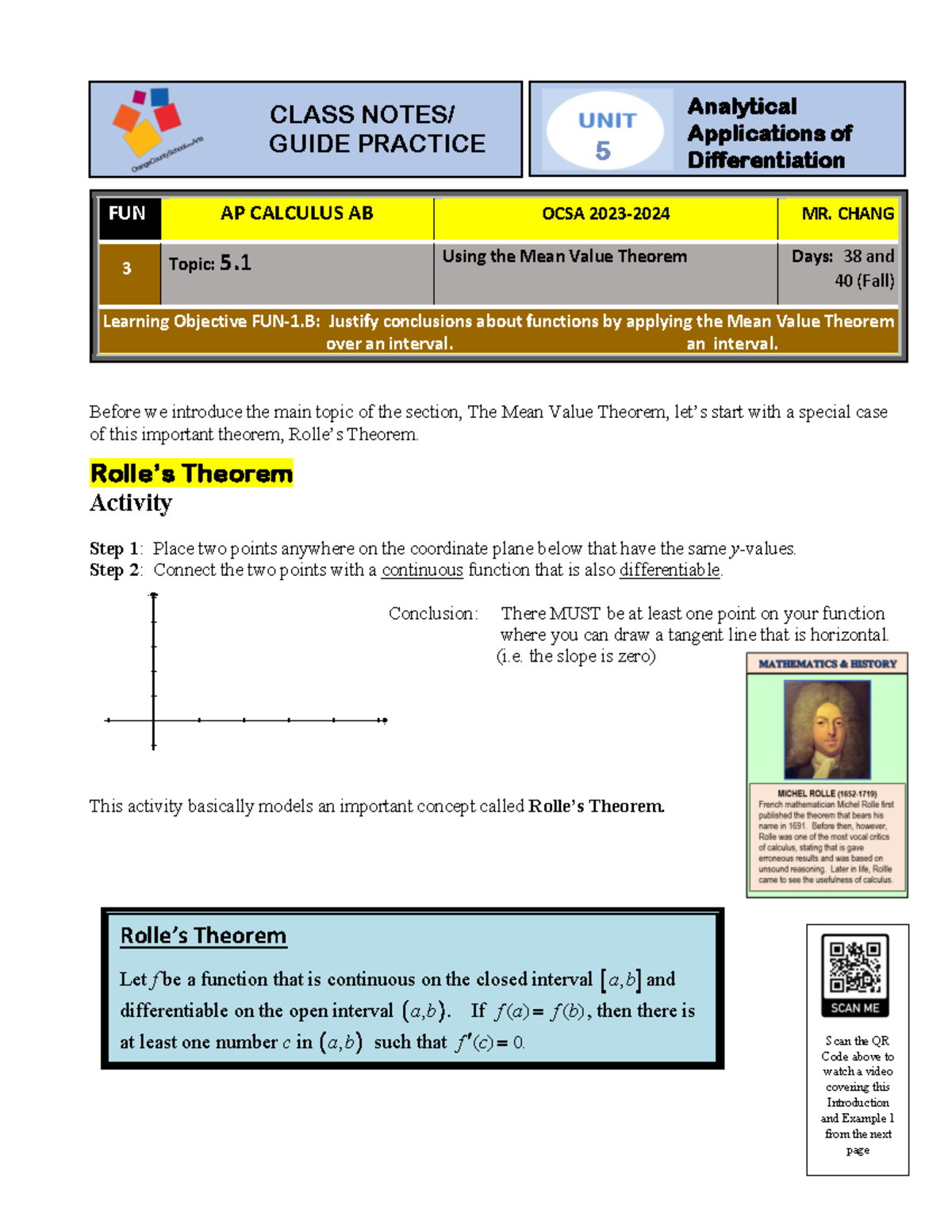 FUN AP CALCULUS AB OCSA 2023-2024 Unit 5 Guide on Theorems ...