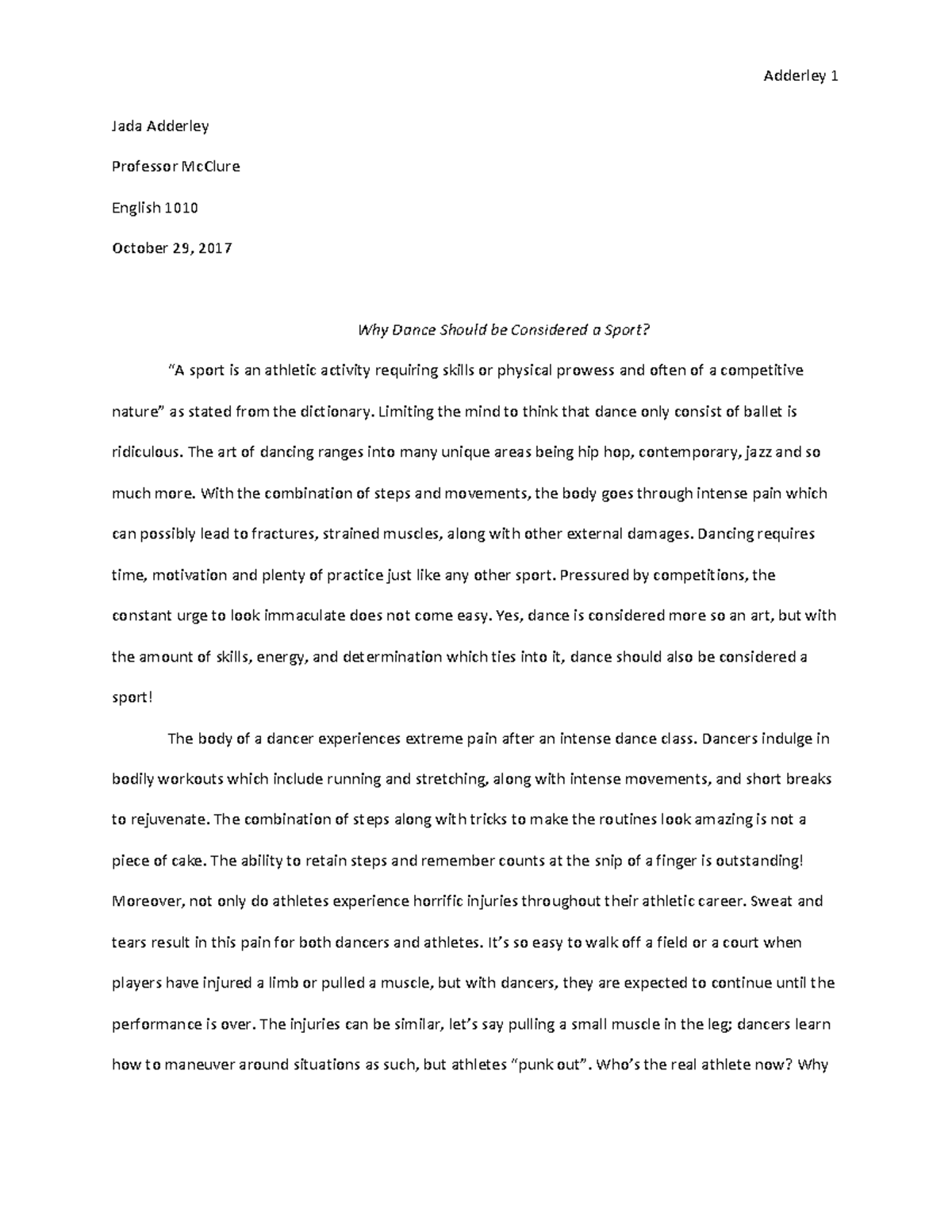 English 1010 Essay: The Case for Dance as a Sport - Studocu