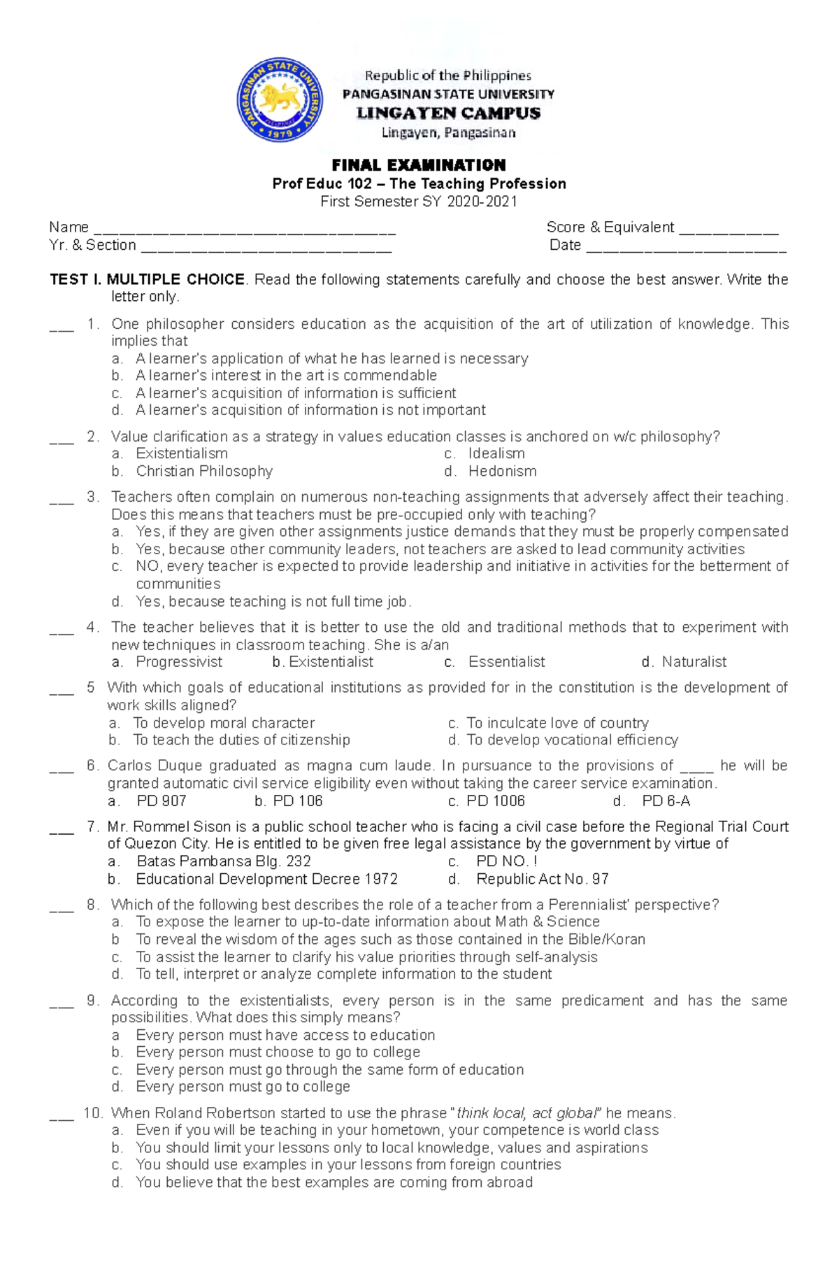 Final PM Examination Profed 102 Teaching Profession 2021 ...