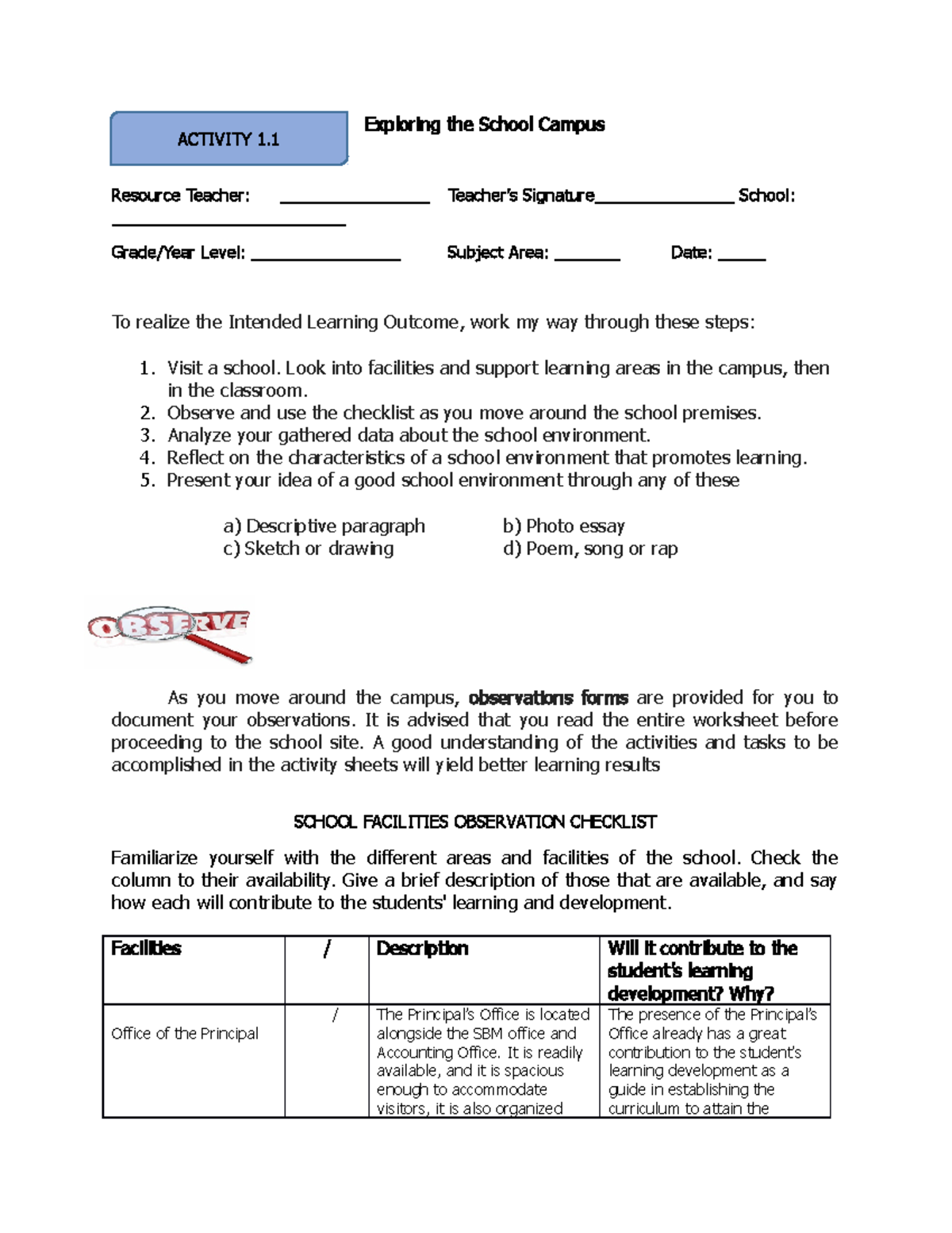 FS 1 E1 - Field Study 1 Episode 1: Observing School Environments - Studocu