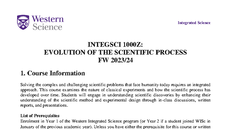 Integrated Science INTEGSCI Course Outline: Evolution of the Scientific ...