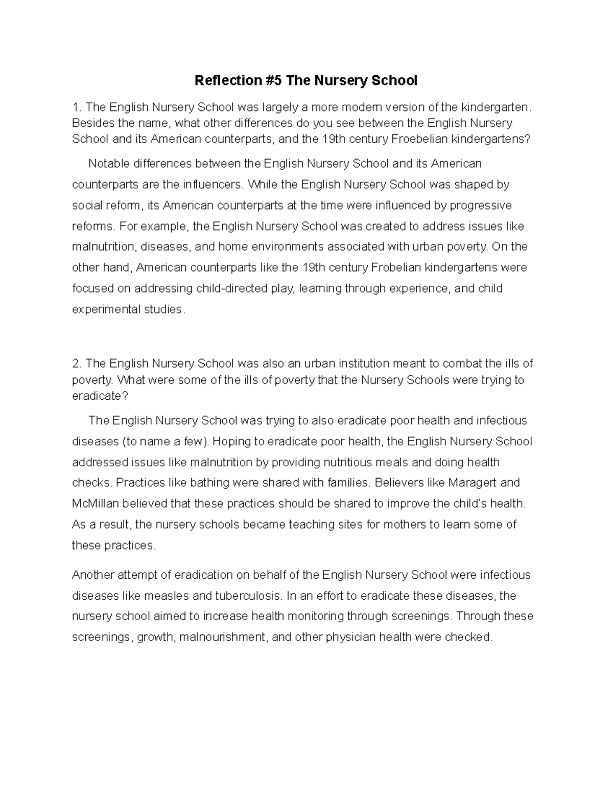 Reflection #5: Differences in English & American Nursery Schools - Studocu