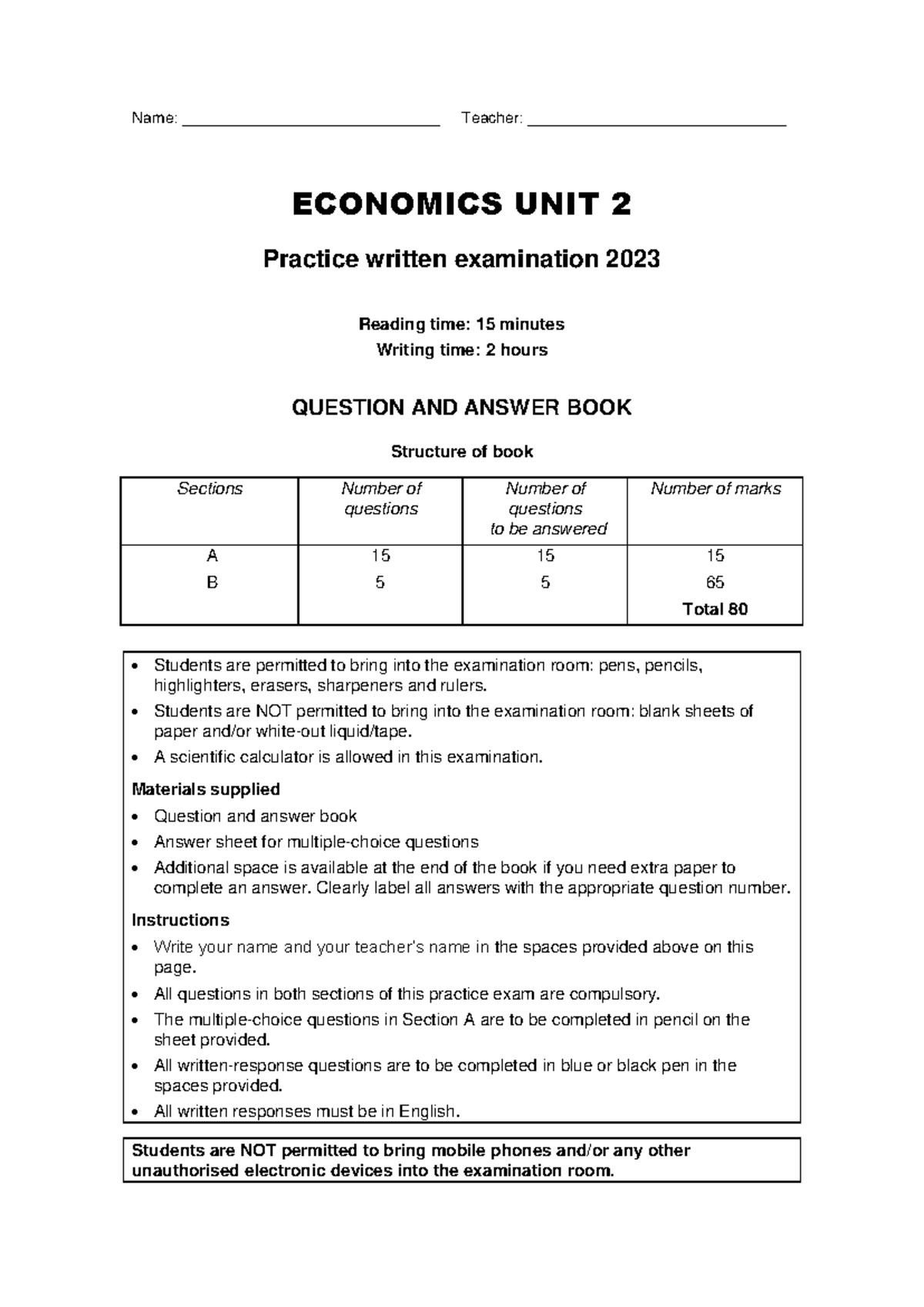 2023 ECONOMICS UNIT 2 Practice Exam & Answer Key - Studocu