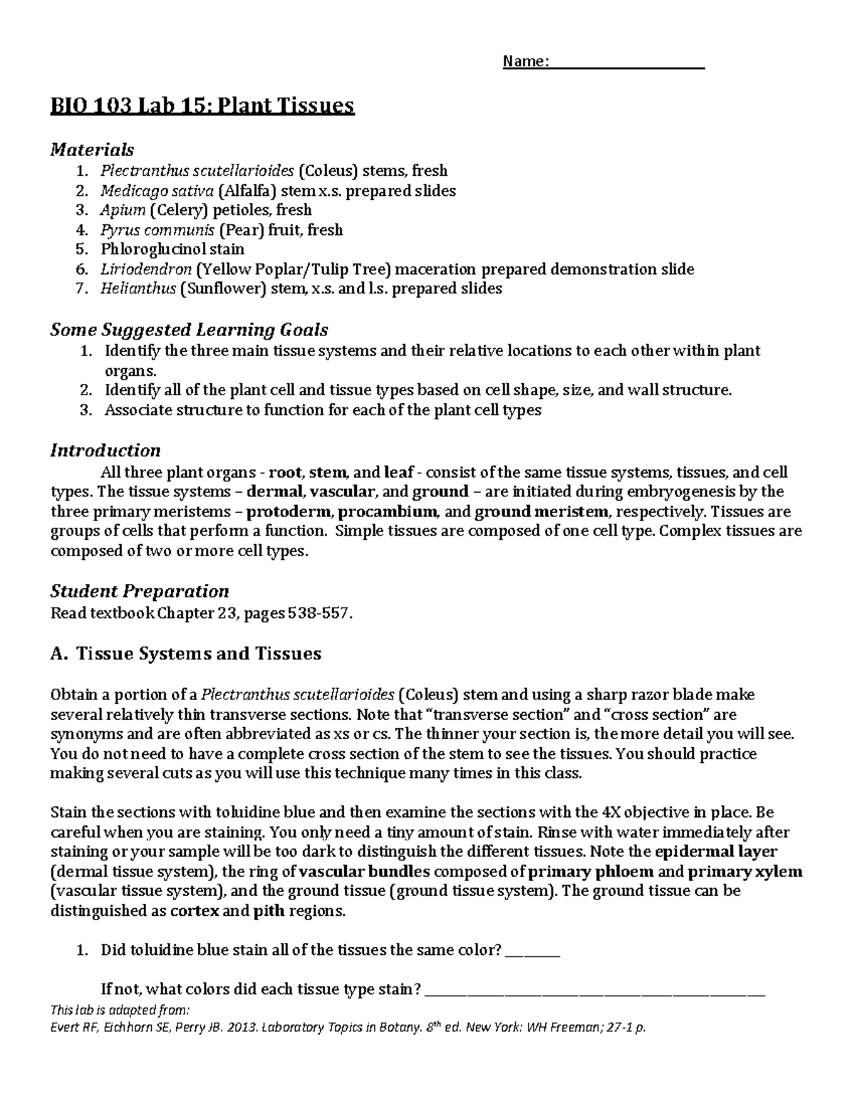 BIO 103 Final Exam Lab 15: Analysis of Plant Tissues and Cell Types ...
