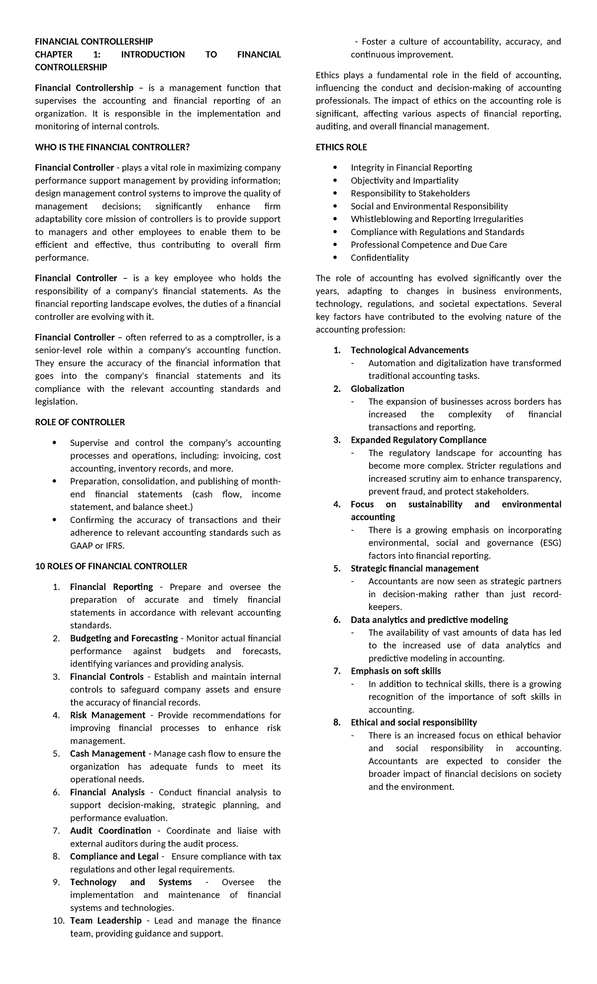 FC CHAP 1-6: Understanding the Role of Financial Controller - Studocu