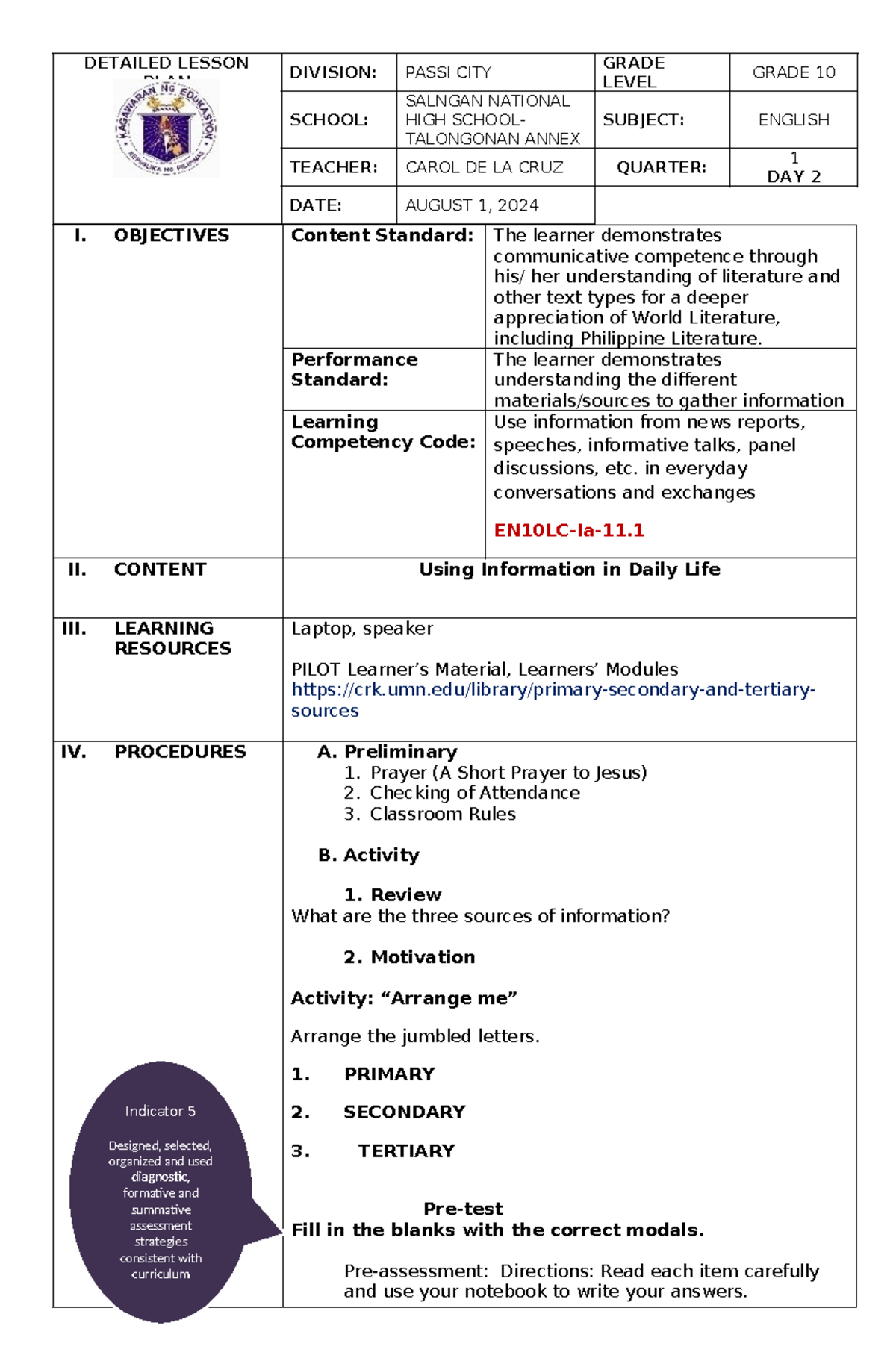 DAY 2 - DETAILED LESSON PLAN - DETAILED LESSON PLAN DIVISION: PASSI ...