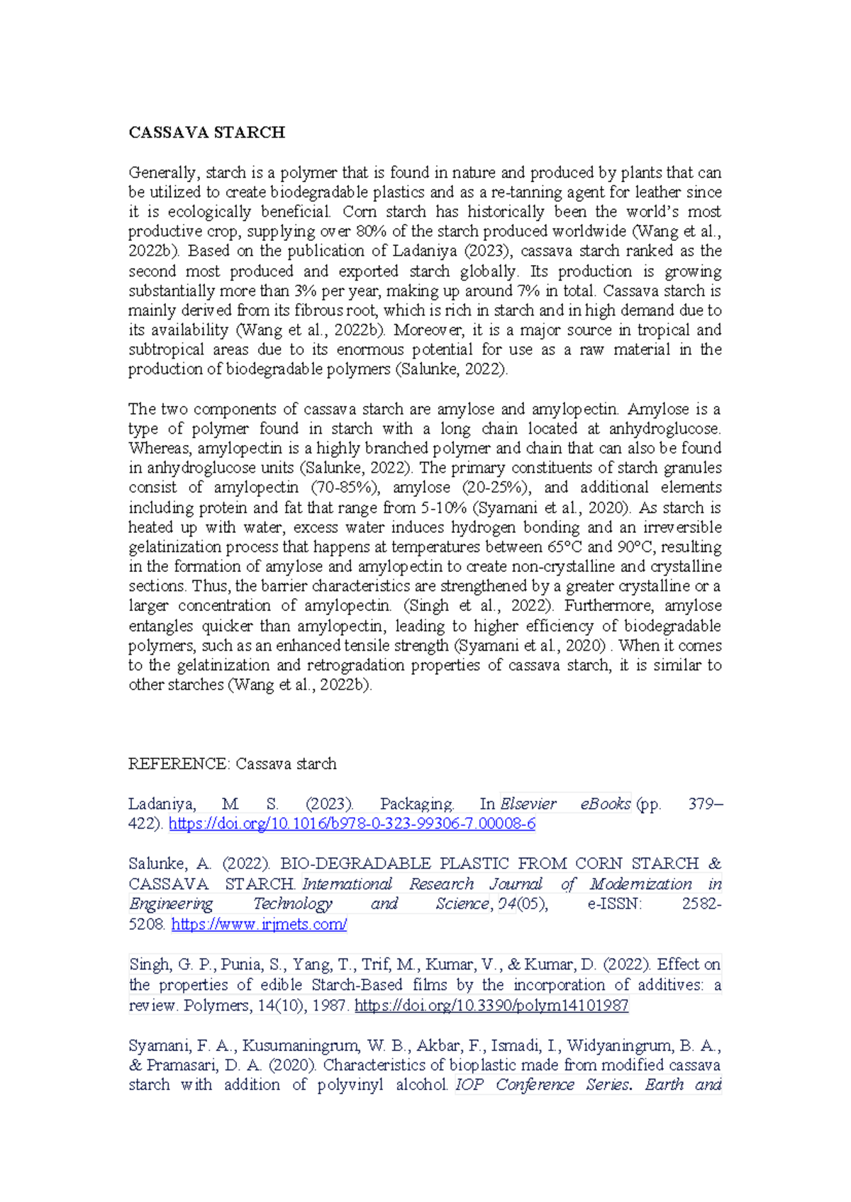 Cassava Starch: Characteristics and Applications in Biodegradable ...