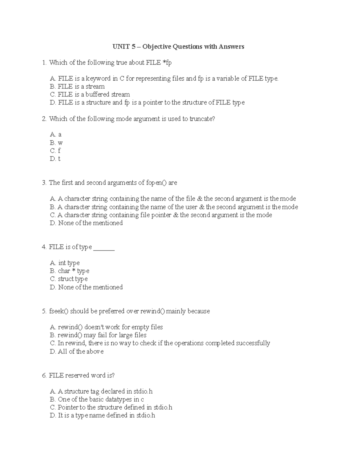 PPS- Unit 5 objective questions - UNIT 5 – Objective Questions with ...