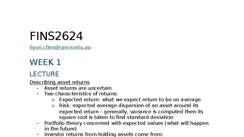 FINS2624 Week 1 Lecture: Understanding Asset Returns and Portfolio ...