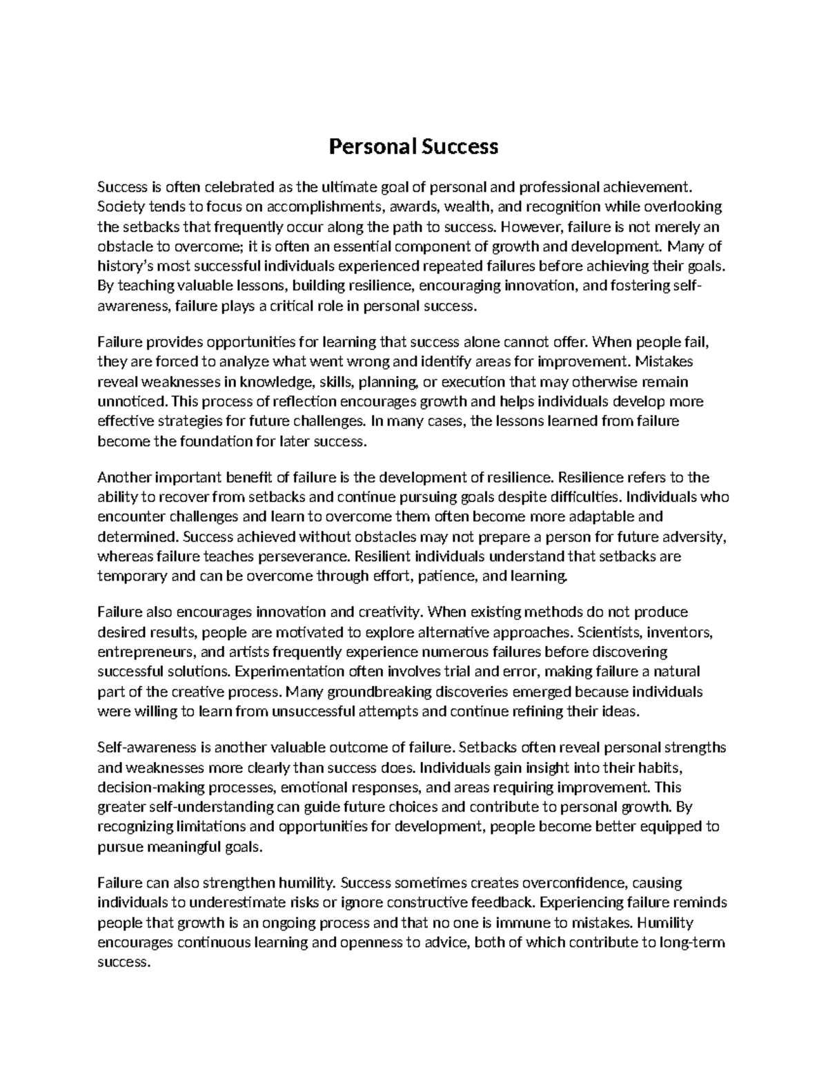 Personal Success: The Role of Failure in Growth and Achievement - Studocu