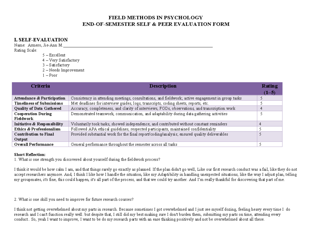 FIELD METHODS IN PSYCHOLOGY (PSY 301) SELF PEER EVALUATION FORM - Studocu
