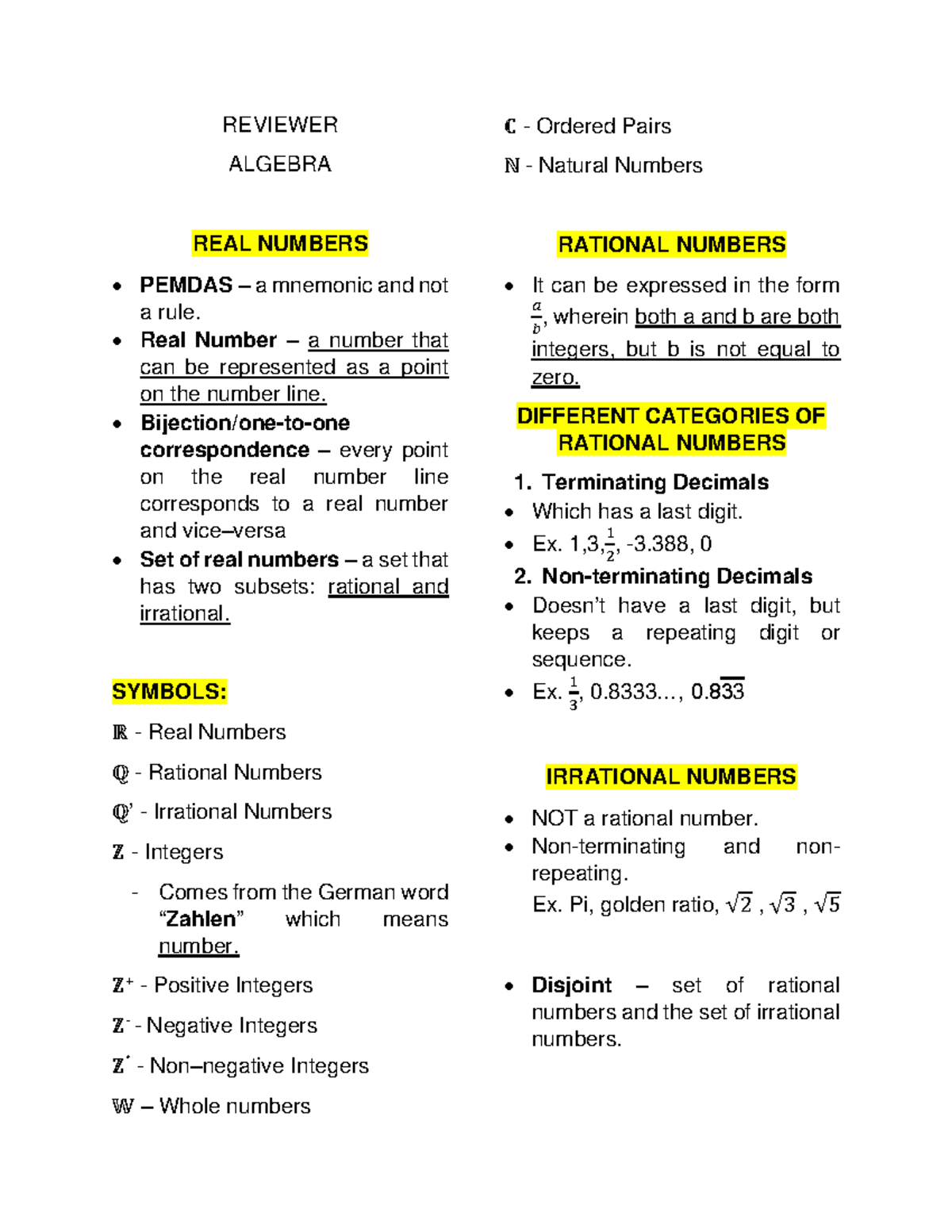 Algebra-Notes - Reviewer - REVIEWER ALGEBRA REAL NUMBERS PEMDAS – a ...