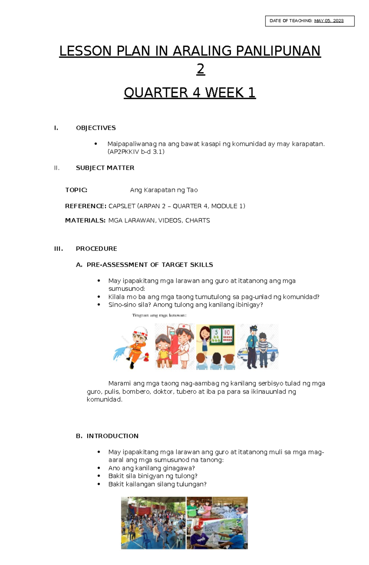 GRADE 2 ARPAN Q4 WEEK 1 LESSON PLAN ON KARAPATAN NG TAO - Studocu