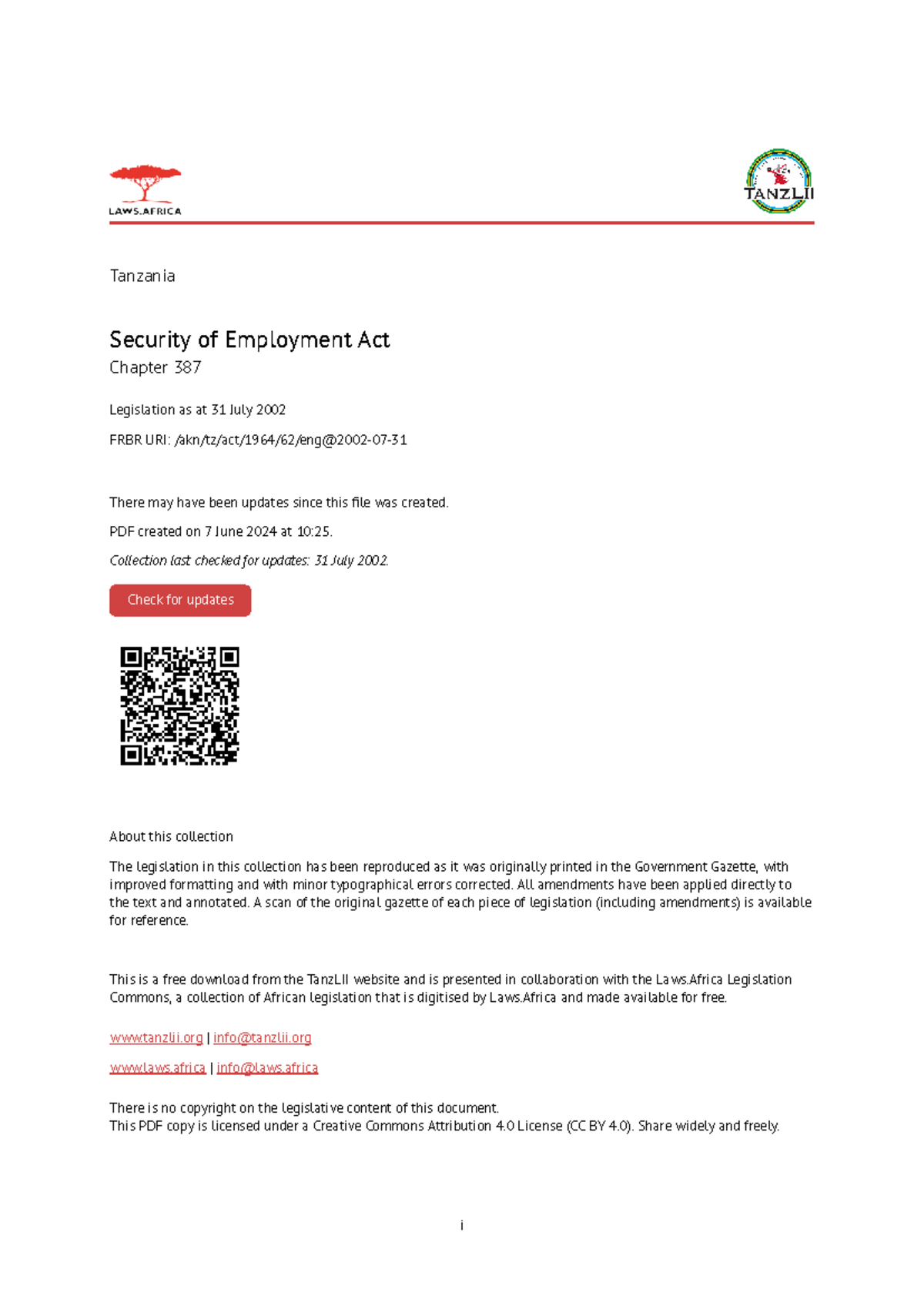 Tanzania Security of Employment Act Chapter 387: Updated Legislation as ...
