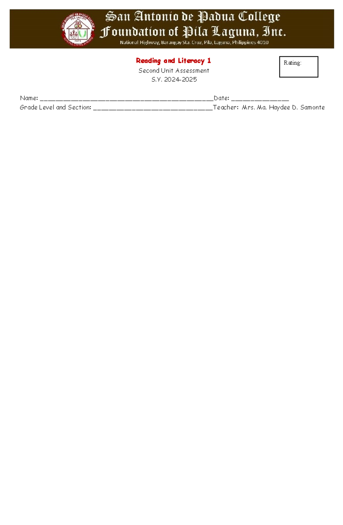 Reading and Lit. 1 Second Unit Assessment 2024-2025 - Studocu
