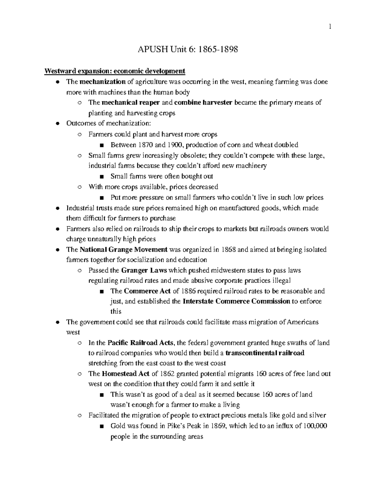 Apush Unit 6 1865-1898 - Lecture notes that cover United States history ...