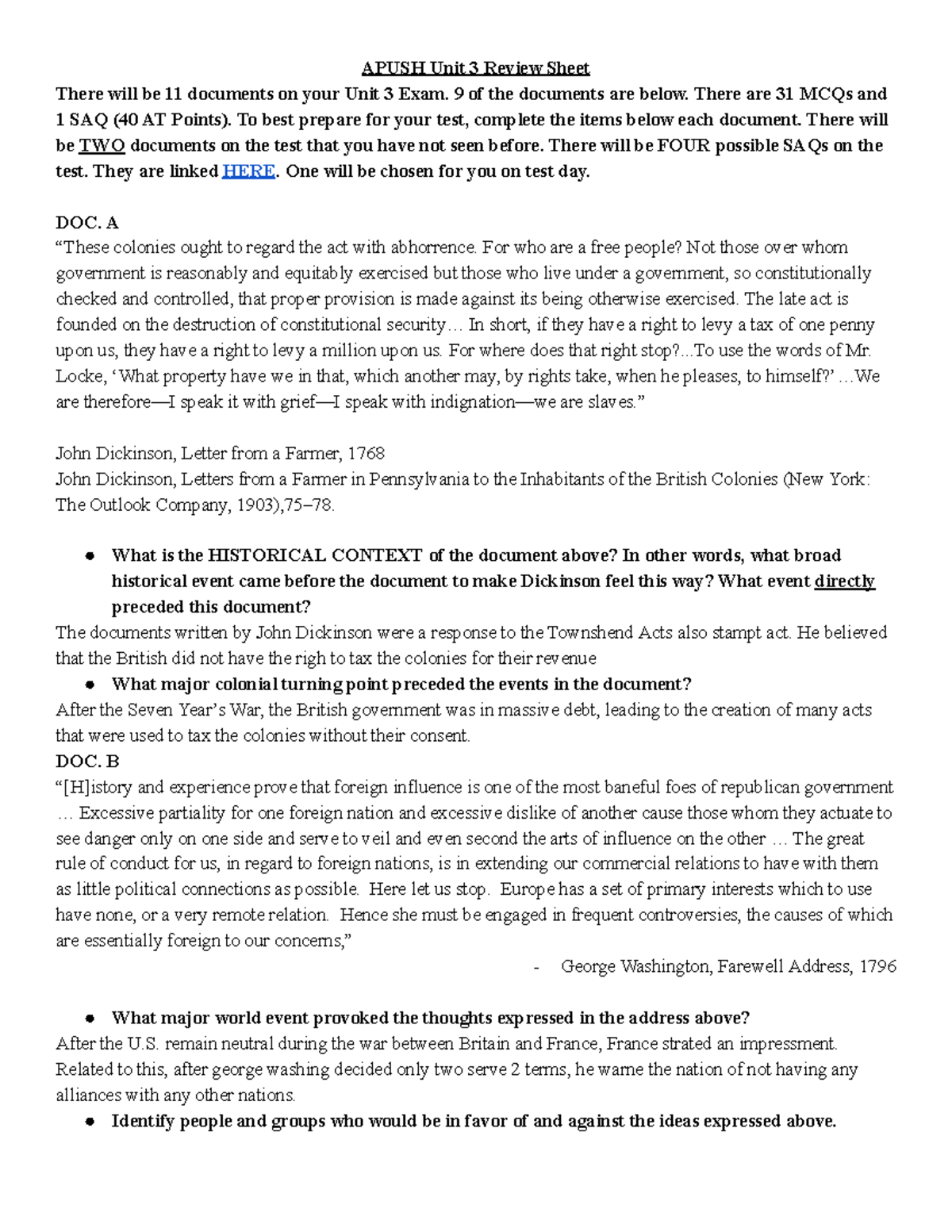 APUSH Unit 3 Exam Review: Key Documents & Historical Context - Studocu