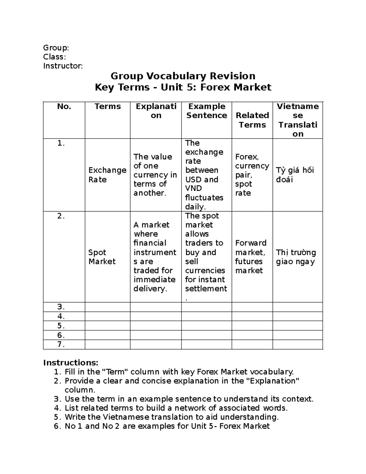 Group Vocabulary Revision - Group: Class: Instructor: Group Vocabulary ...