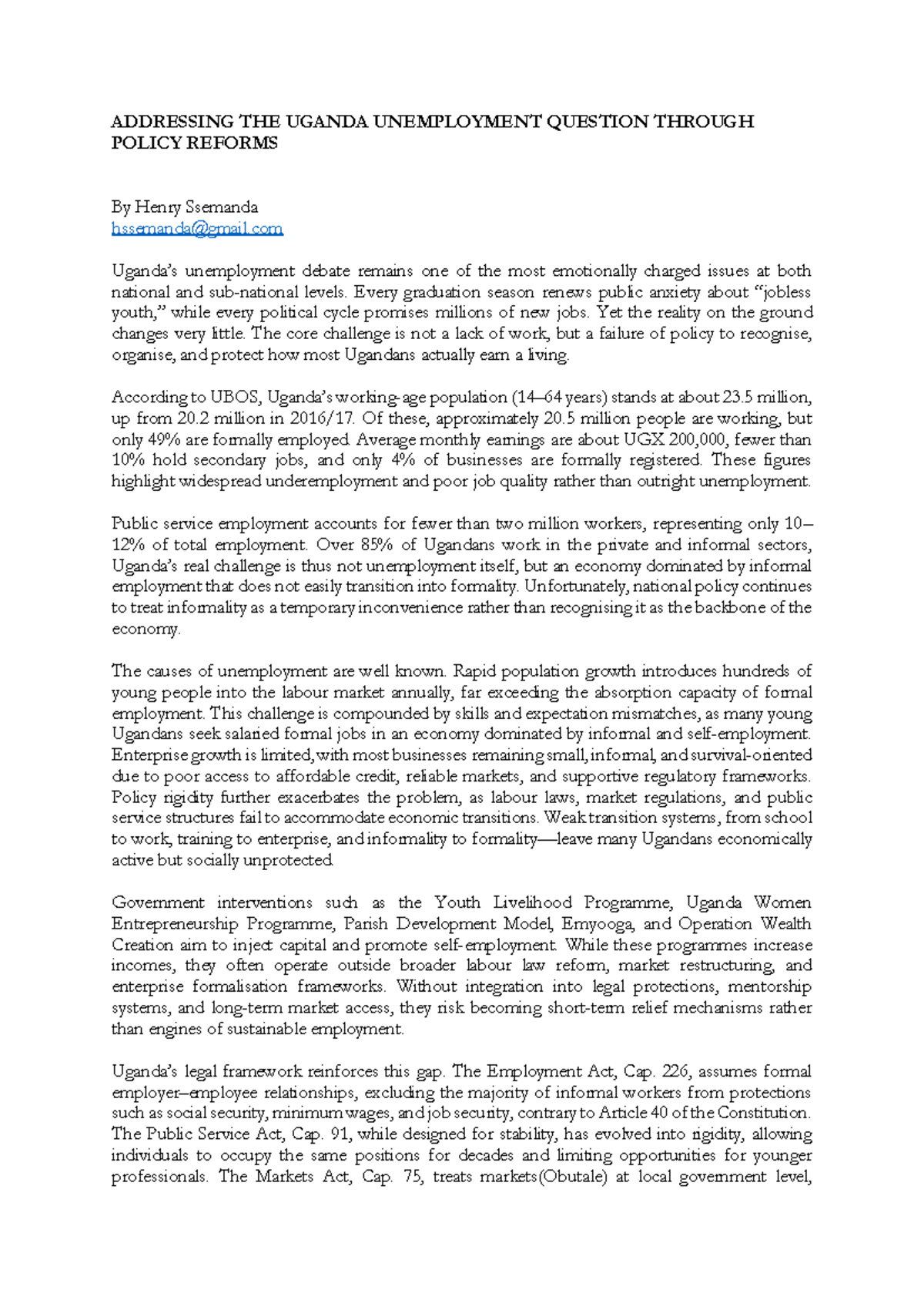 Addressing Uganda's Unemployment Challenge: Policy Reforms Needed - Studocu