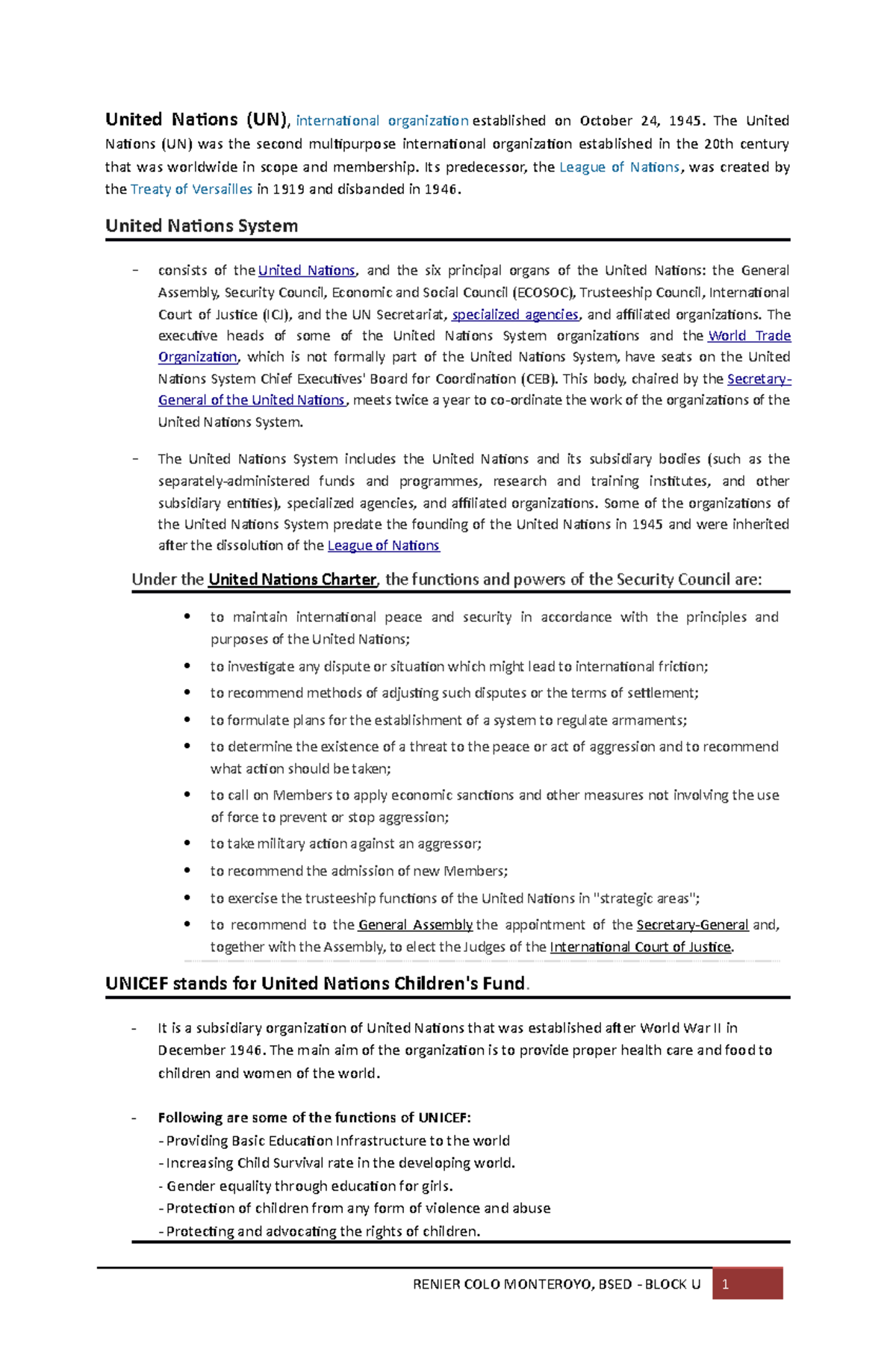 Contemporary World - International Organizations - United Nations (UN ...