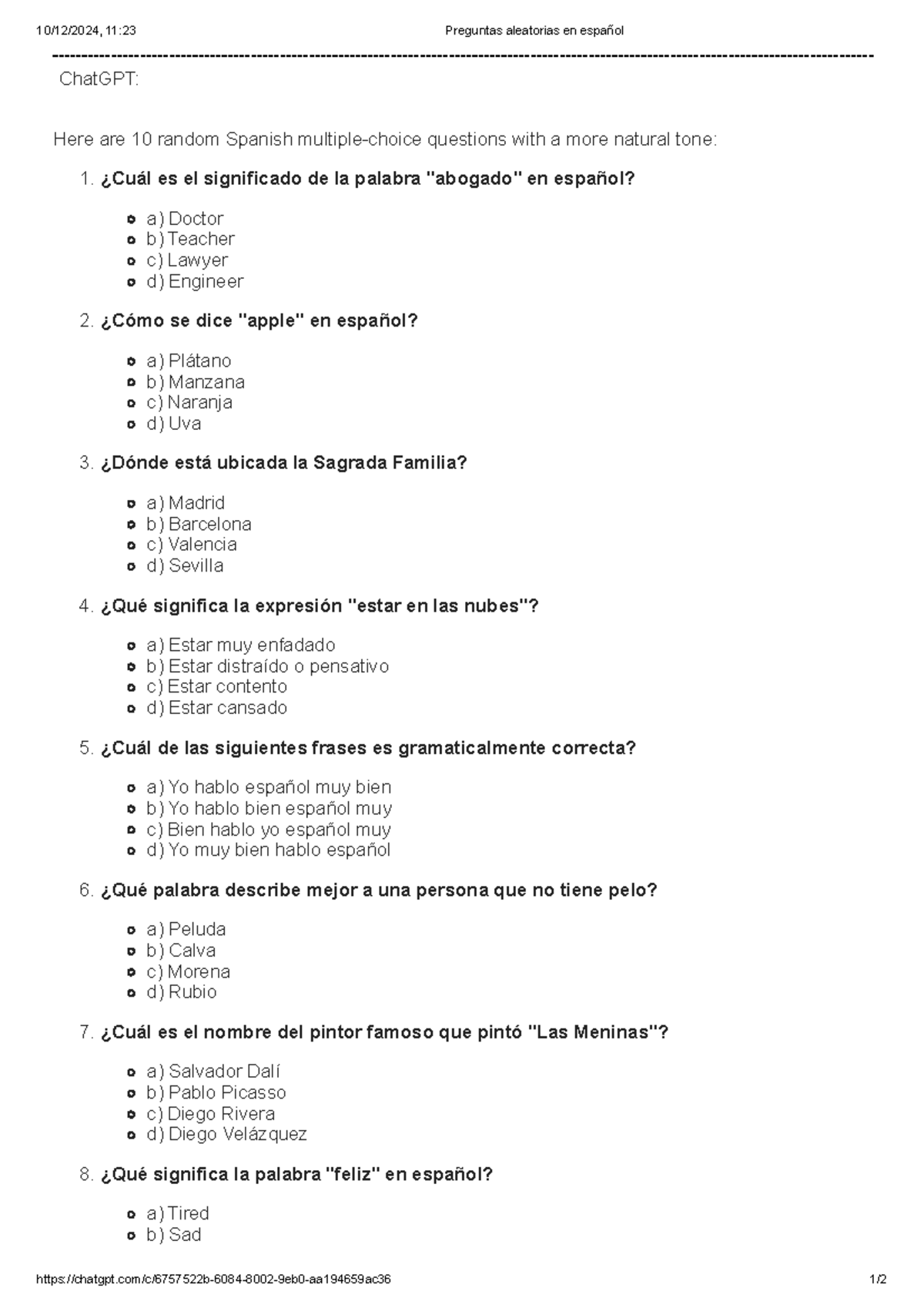 Psychoreindeeryipman - ChatGPT: Here are 10 random Spanish multiple ...