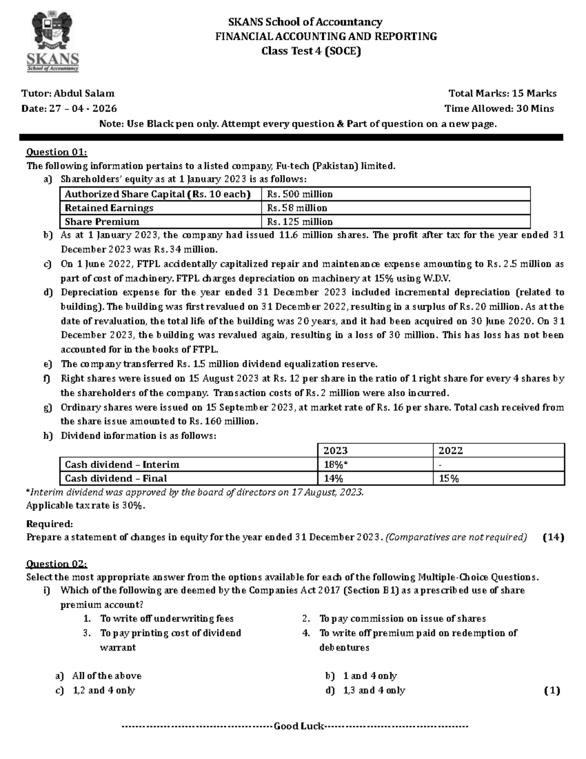 Financial Accounting & Reporting Class Test 4 (SOCE) - 27 Apr 2026 ...